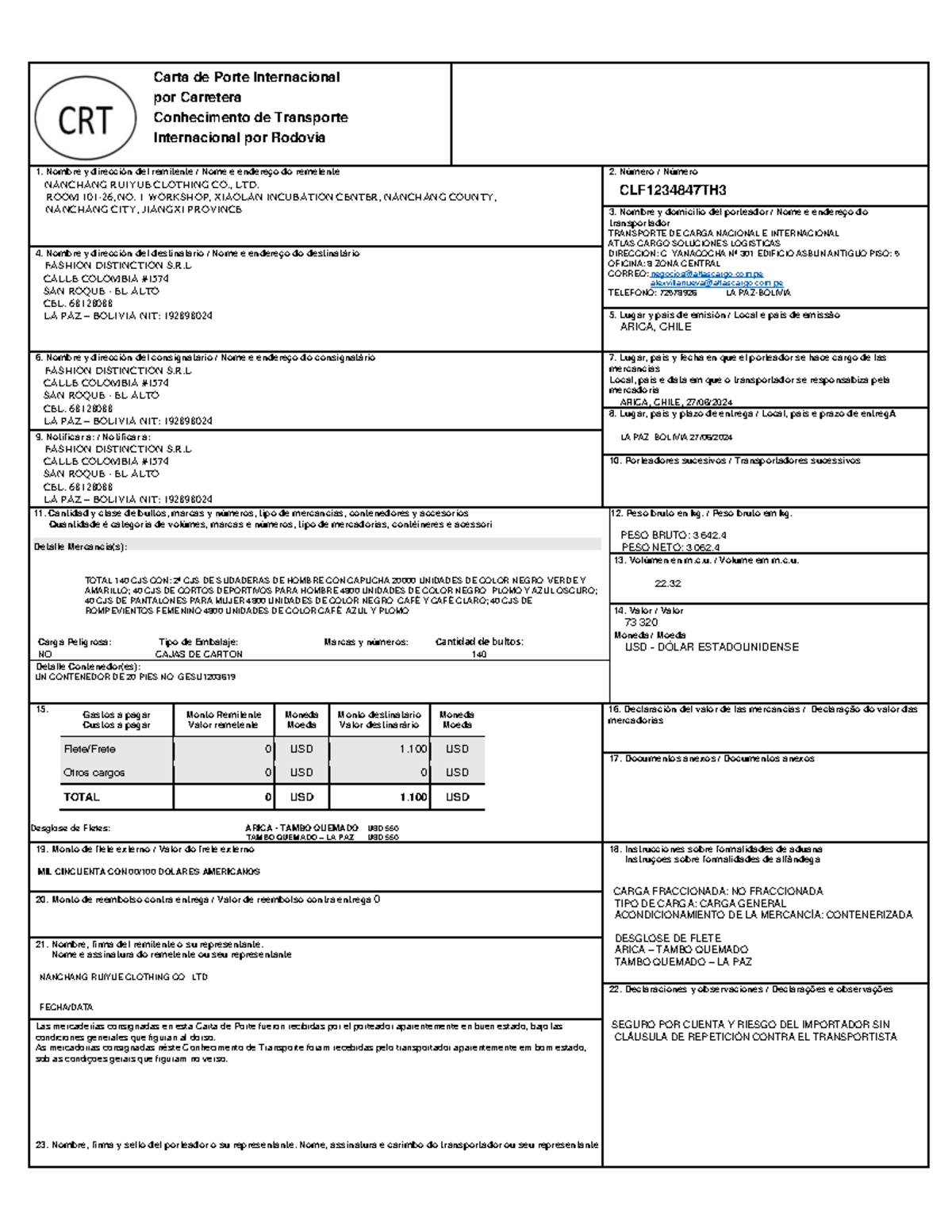 CRT Patitos - Carta de Porte Internacional por Carretera Conhecimento de Transporte ...