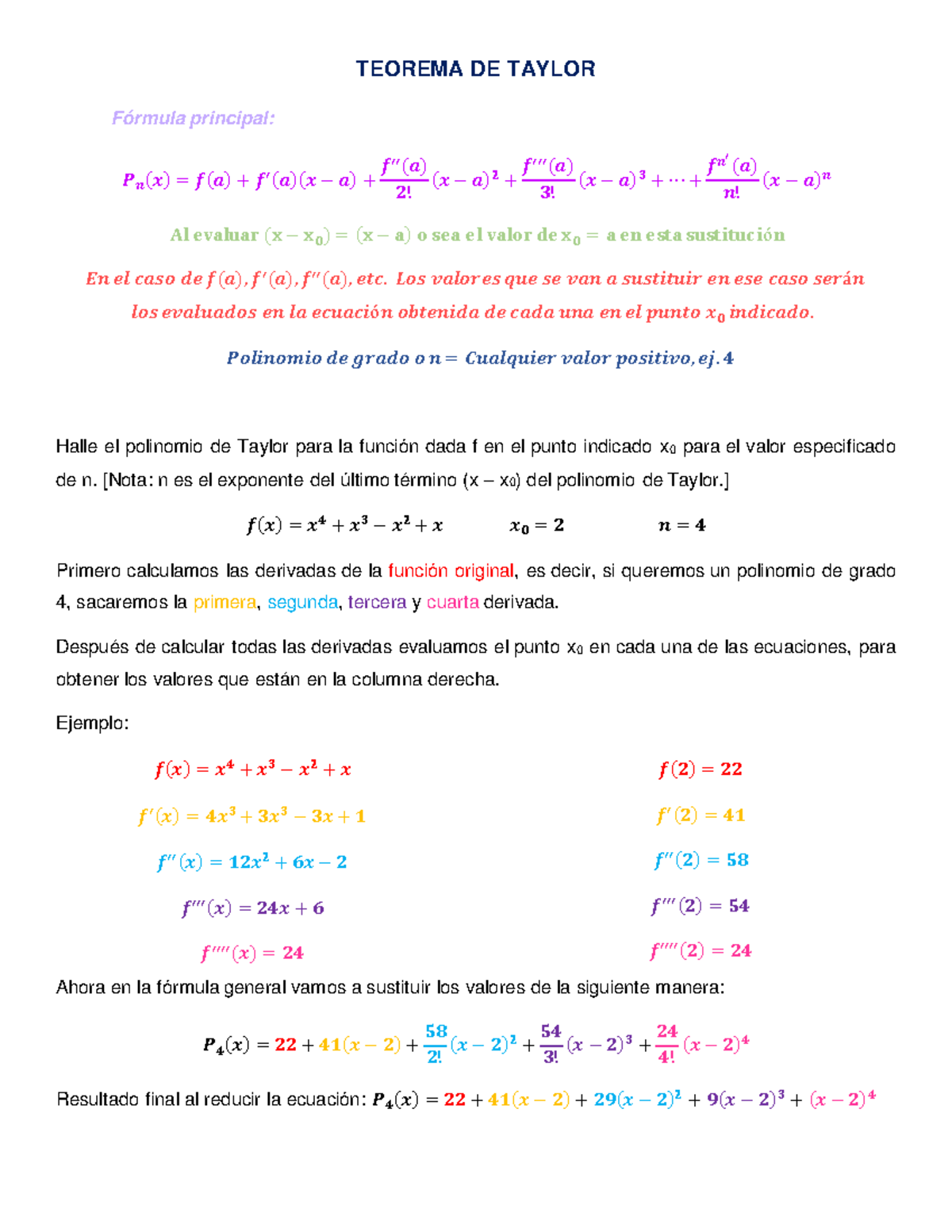 Teorema de Taylor - TEOREMA DE TAYLOR Fórmula principal: 𝑷 𝒏 (𝒙)= 𝒇(𝒂 ...