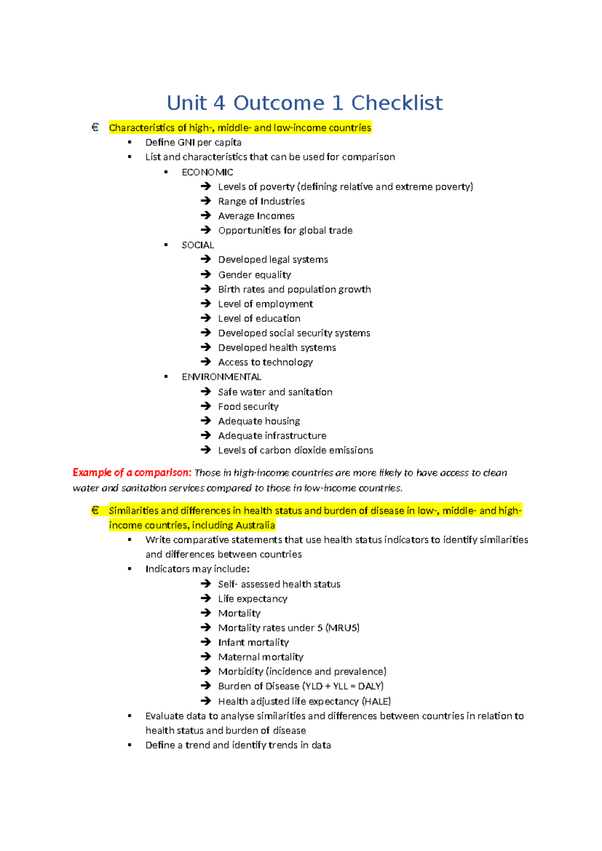 Unit 4 Outcome 1 Checklist - Unit 4 Outcome 1 Checklist Characteristics ...