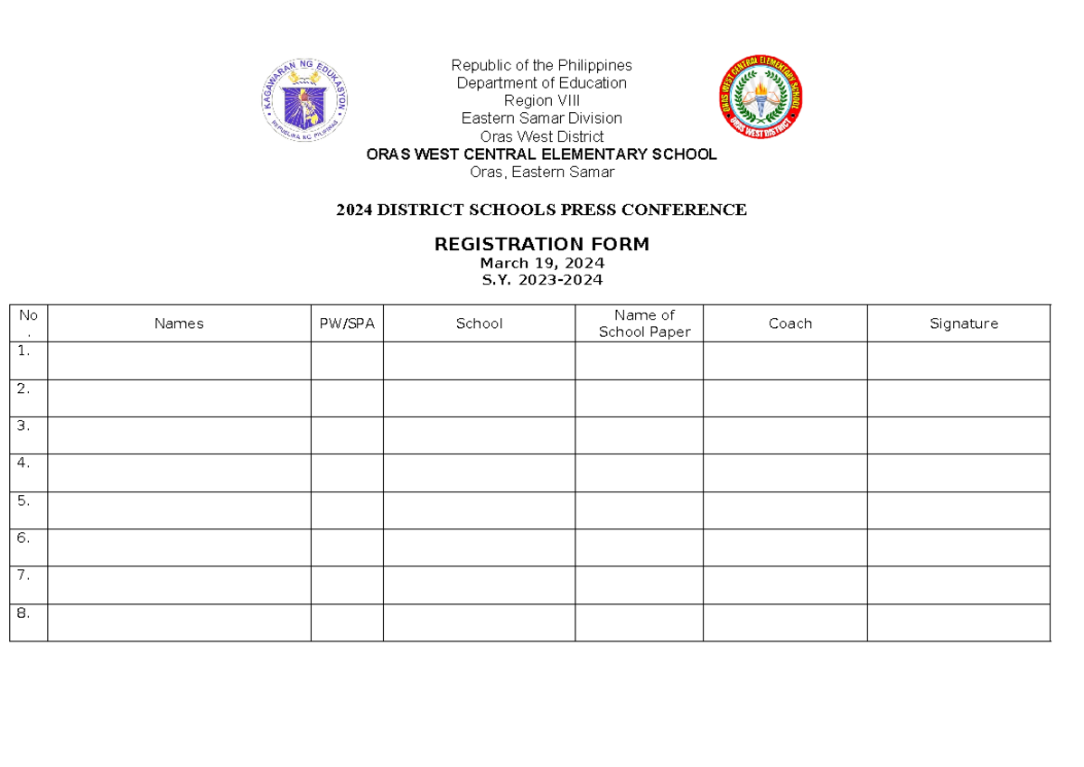 2024 District Registration FORM - Department of Education Region VIII ...