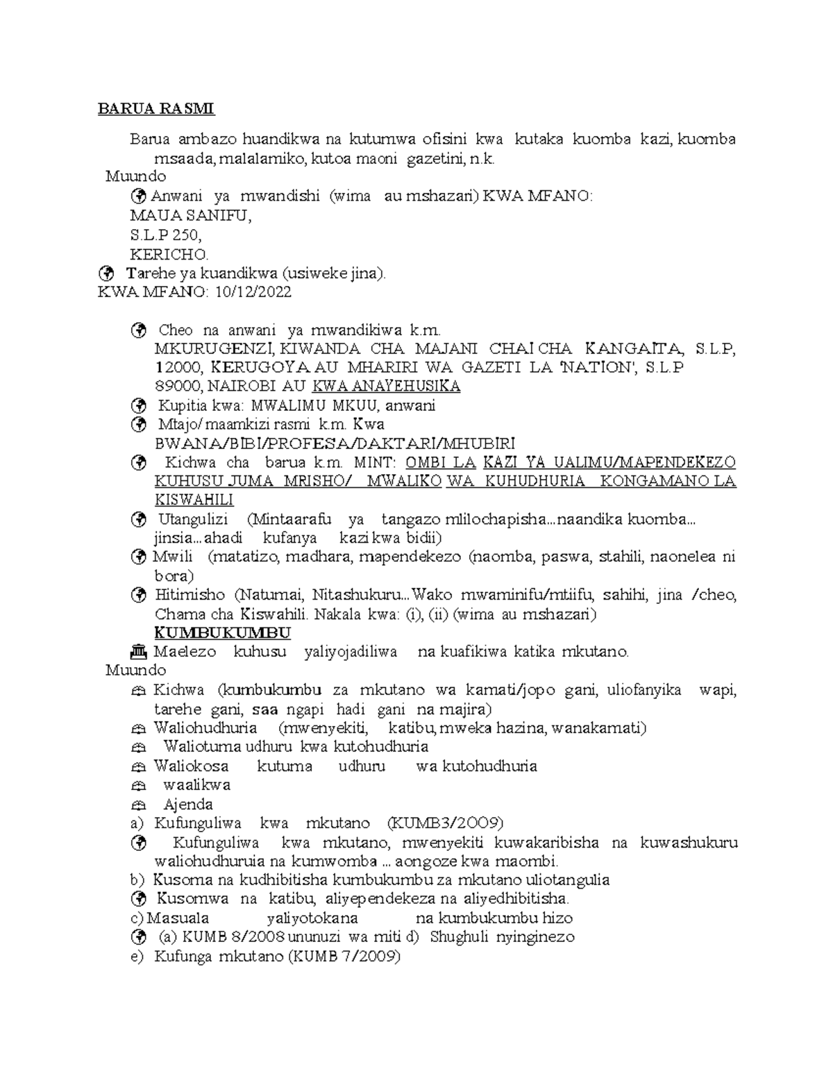 Barua Rasmi NA Kumbukumbu - BARUA RASMI Barua ambazo hu a nd i k w a na ...