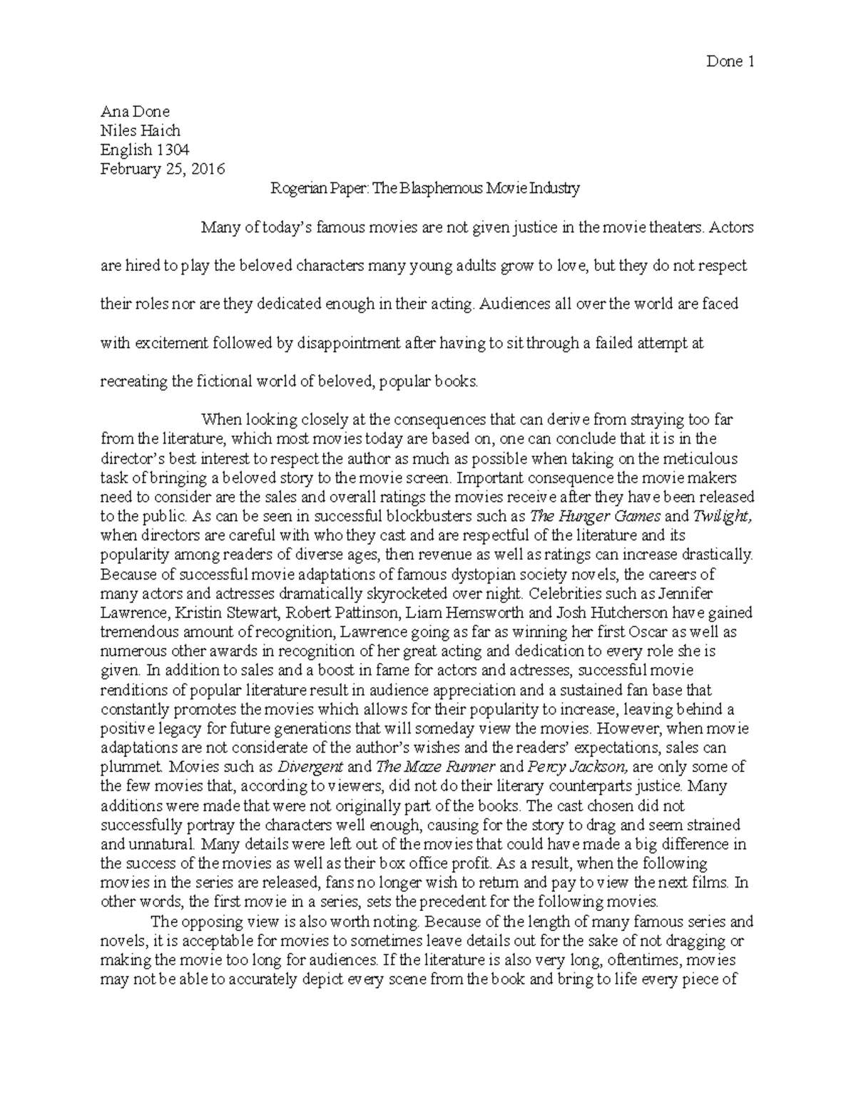 Rogerian Paper - A - Done 1 Ana Done Niles Haich English 1304 February ...