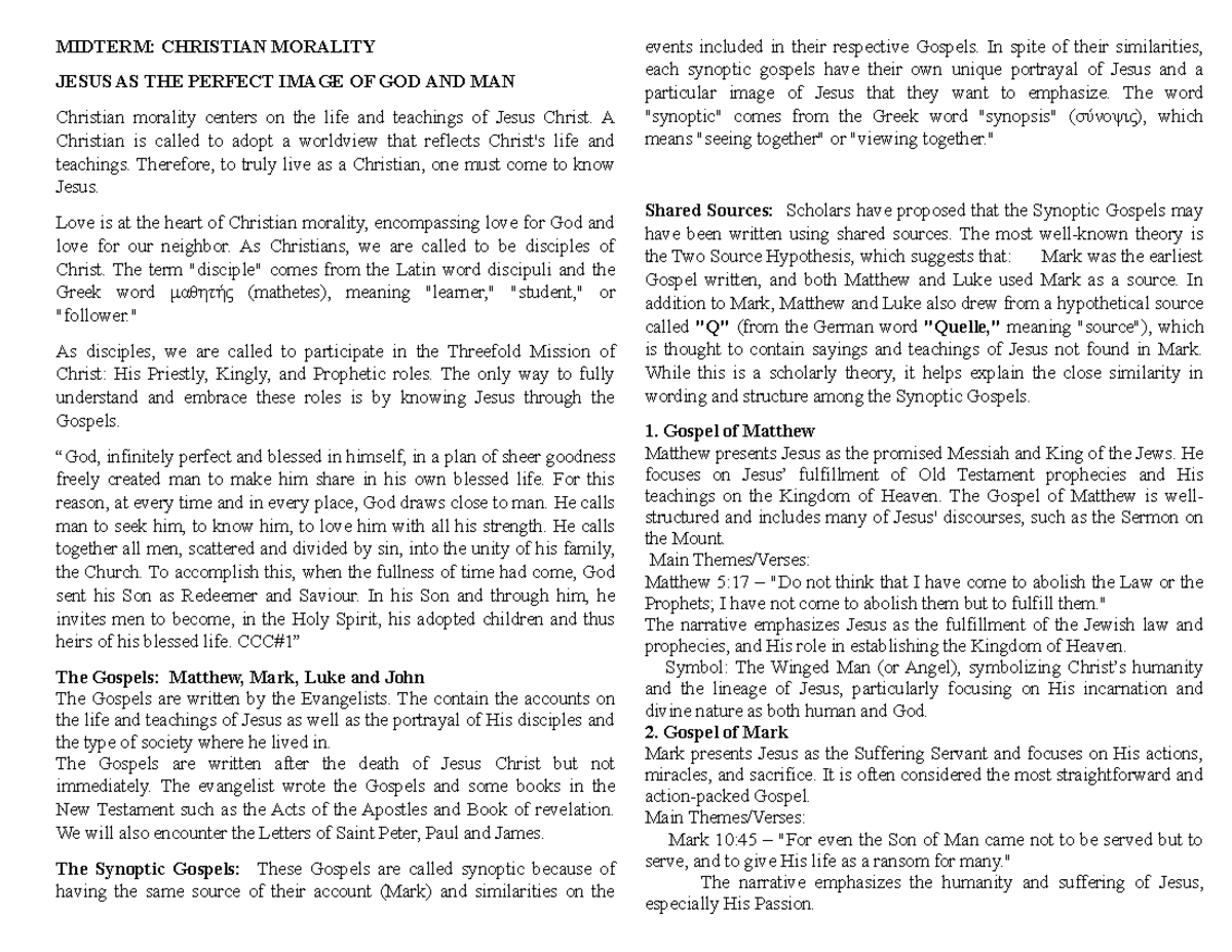 Midterm-OCT - reviewer - MIDTERM: CHRISTIAN MORALITY JESUS AS THE ...