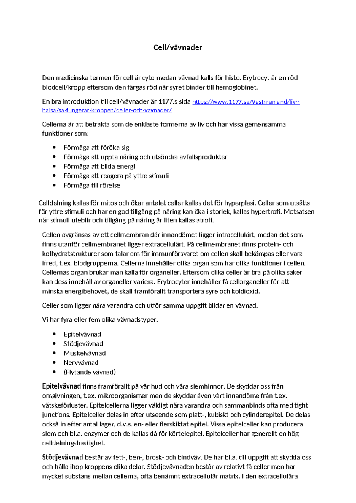 Arbetsmaterial+cell+och+v%C3%A4vnad - Cell/vävnader Den medicinska ...