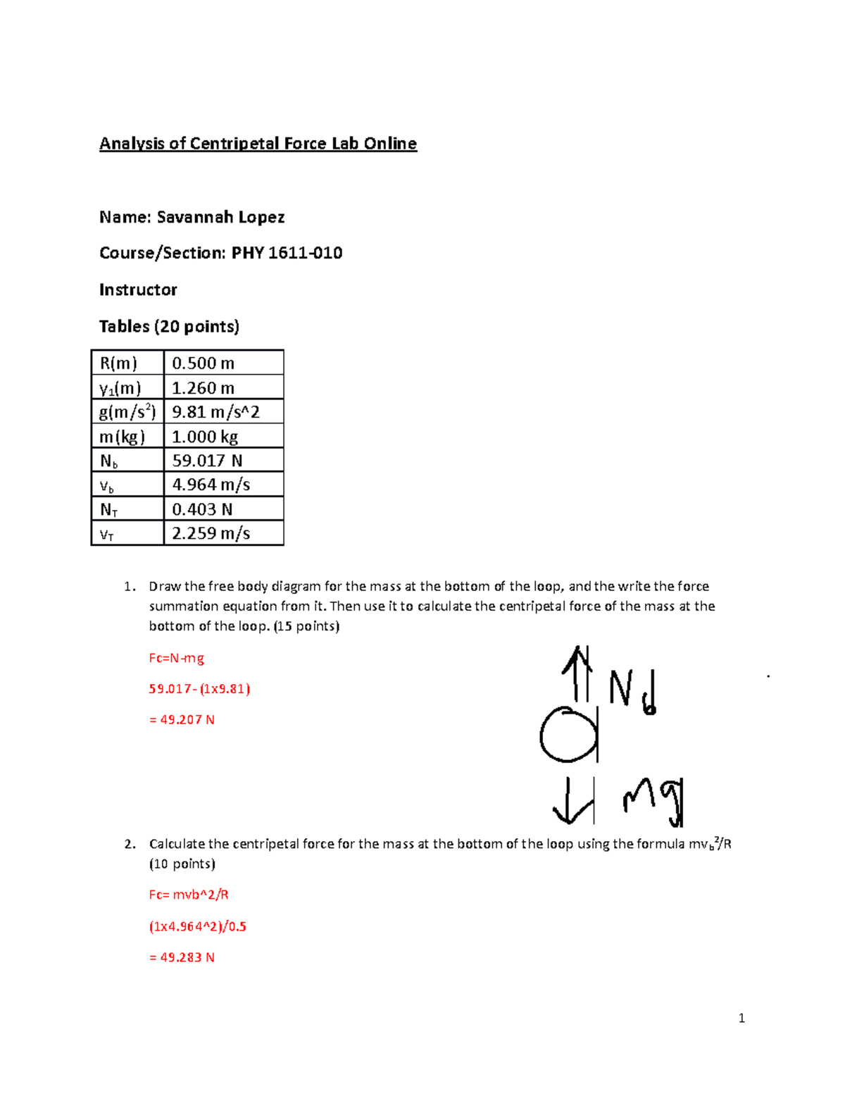 Fall2023 Centripetal Force Lab Online-1 - Analysis of Centripetal Force Lab Online Name ...