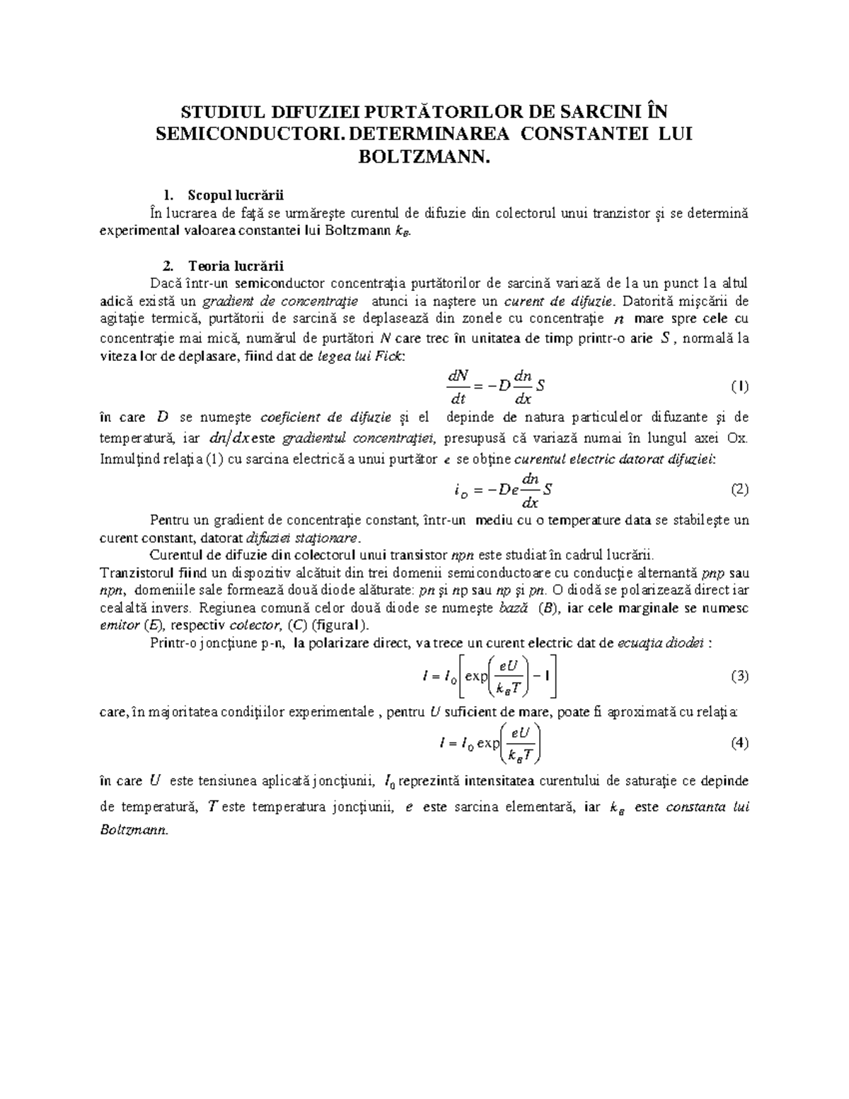 Difuzia Det. constantei lui Boltzmann - STUDIUL DIFUZIEI PURTĂTORILOR ...