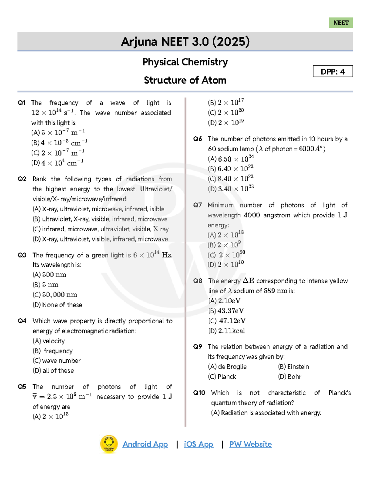 Structure Of Atom Dpp 04 Of Lecture 07 Arjuna Neet 3 0 2025 Neet