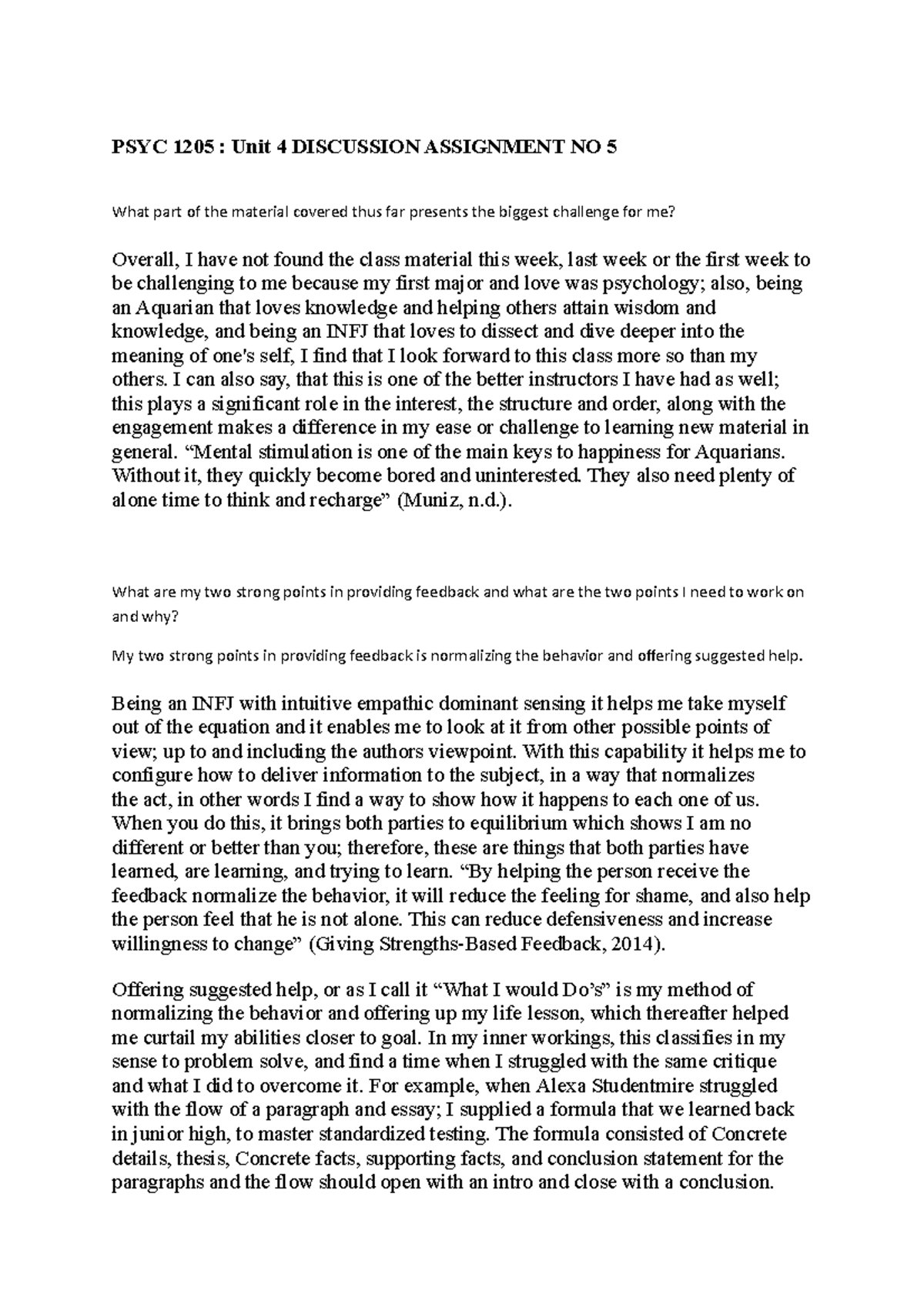 PSYC 1205 UNIT 4 DF Assignment Number 5 - PSYC 1205 : Unit 4 DISCUSSION ASSIGNMENT NO 5 What ...