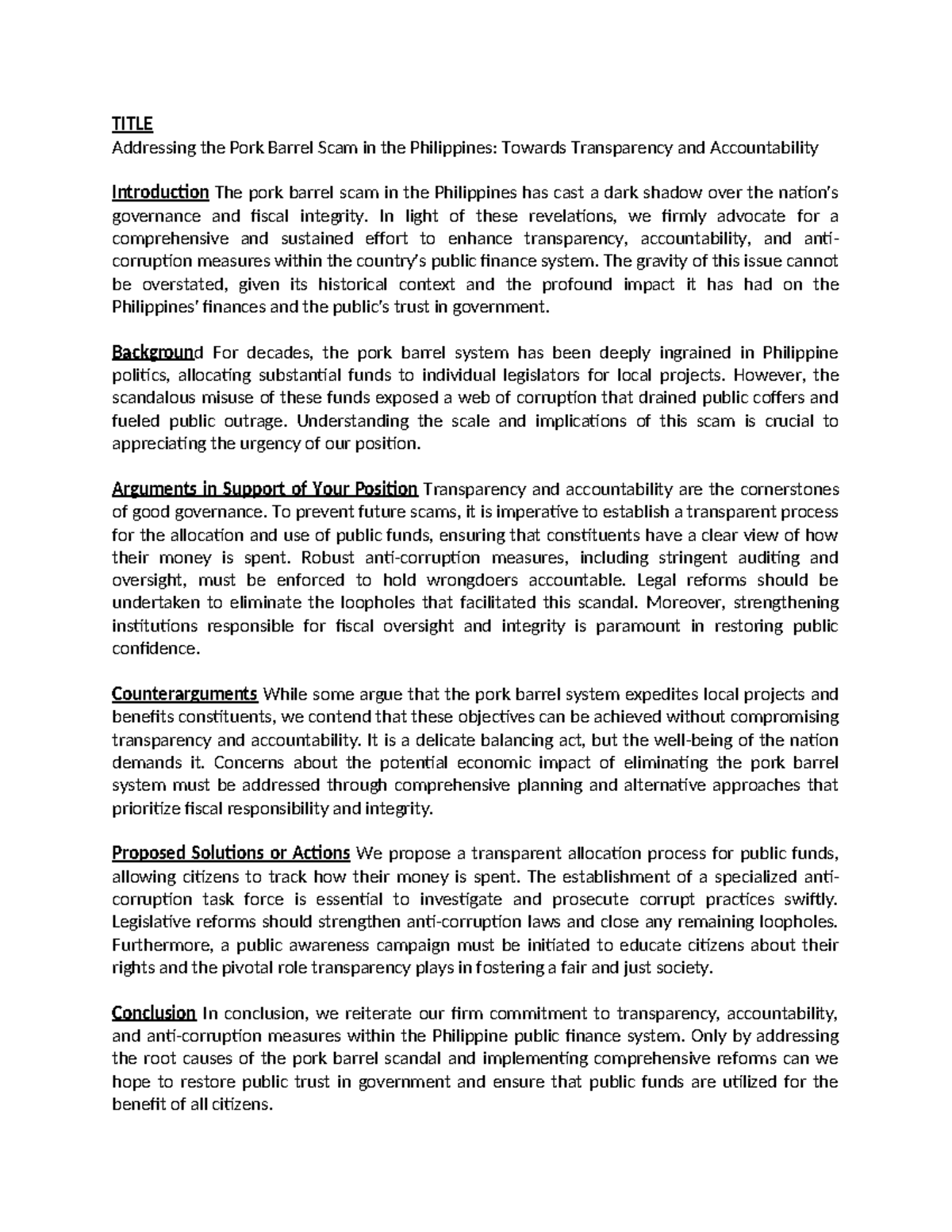 Position paper - dgdsdgajsdhajshdjadsdds - TITLE Addressing the Pork ...