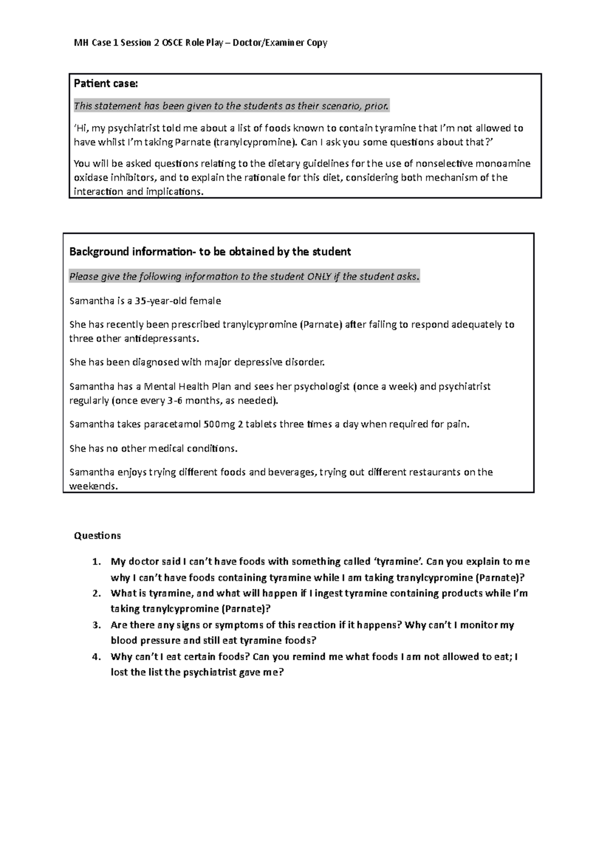 MH OSCE Role Play Case 1 Scenario 2 Doctor-Examiner Copy - MH Case 1 ...