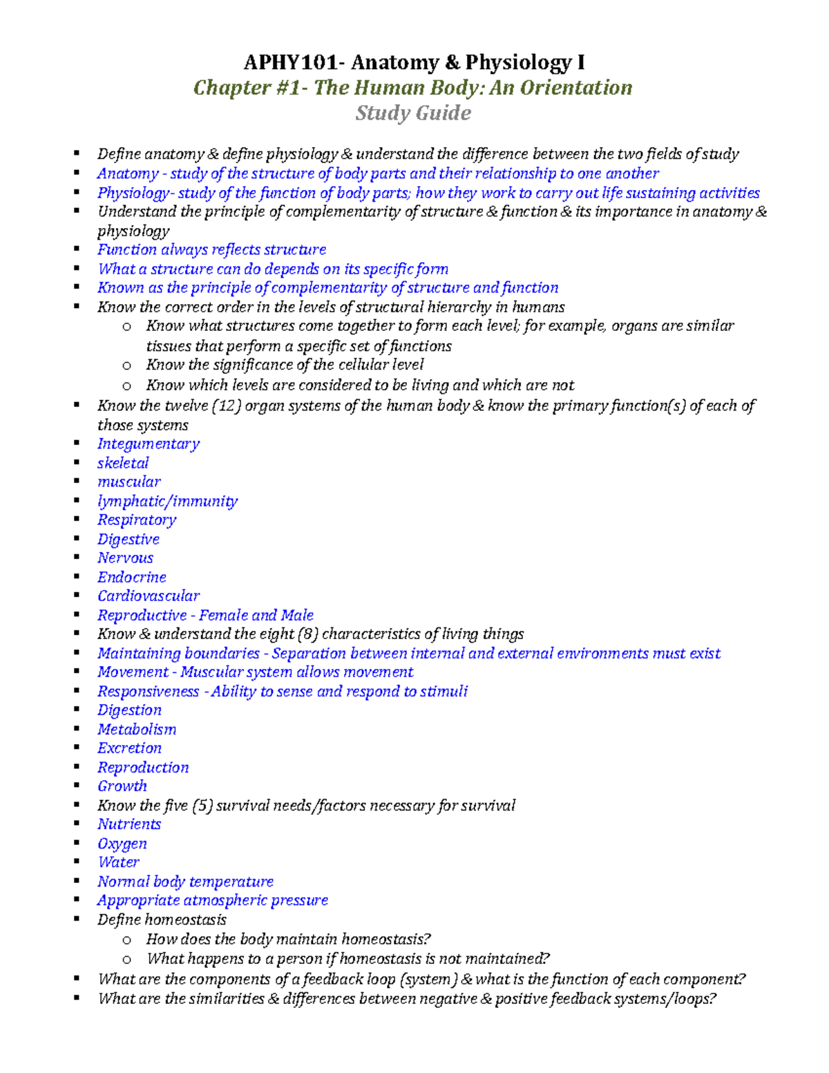 Chapter 1 Study Guide - APHY101- Anatomy & Physiology I Chapter #1- The ...