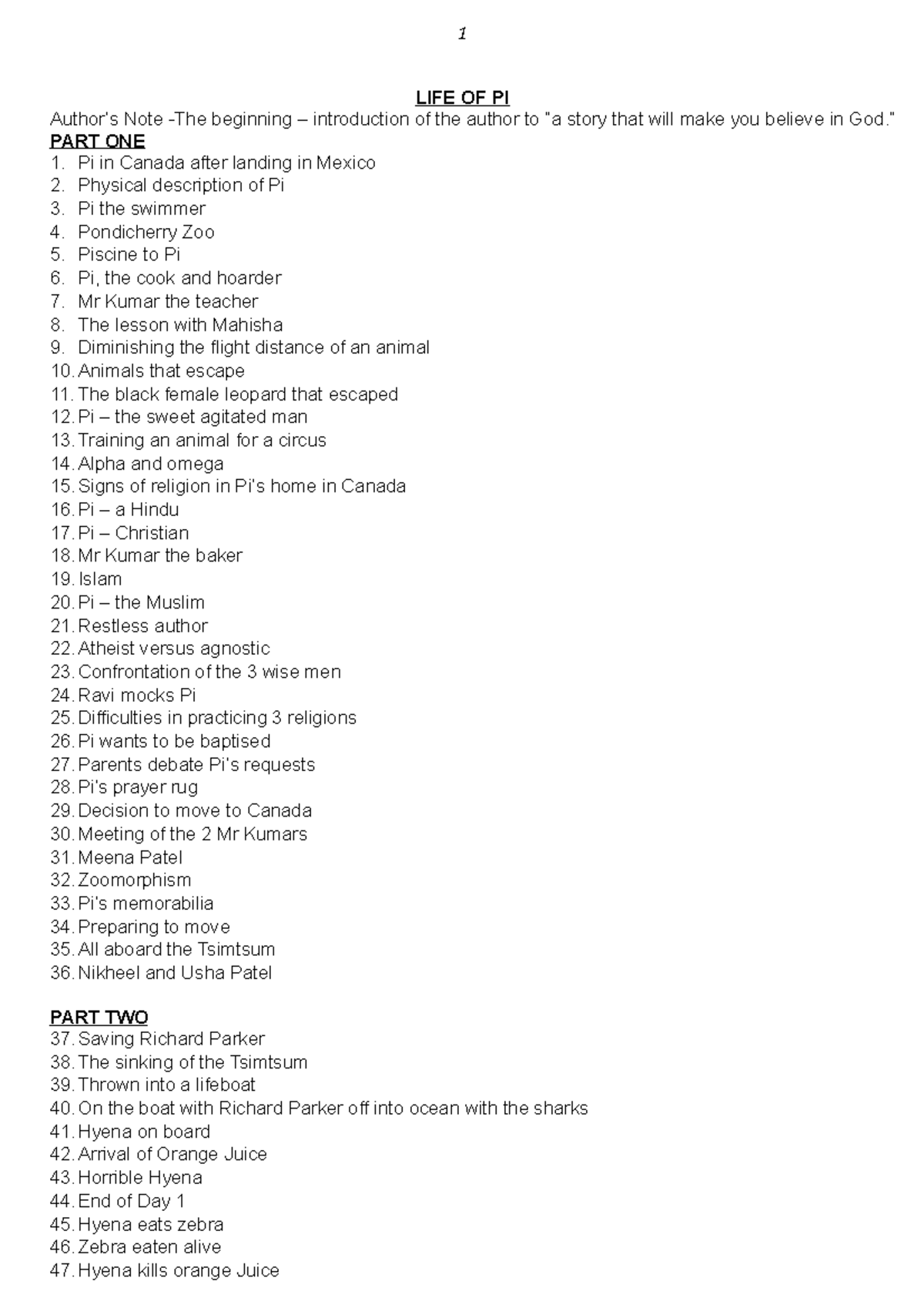 LIFE OF PI - learner notes - LIFE OF PI Author’s Note -The beginning ...