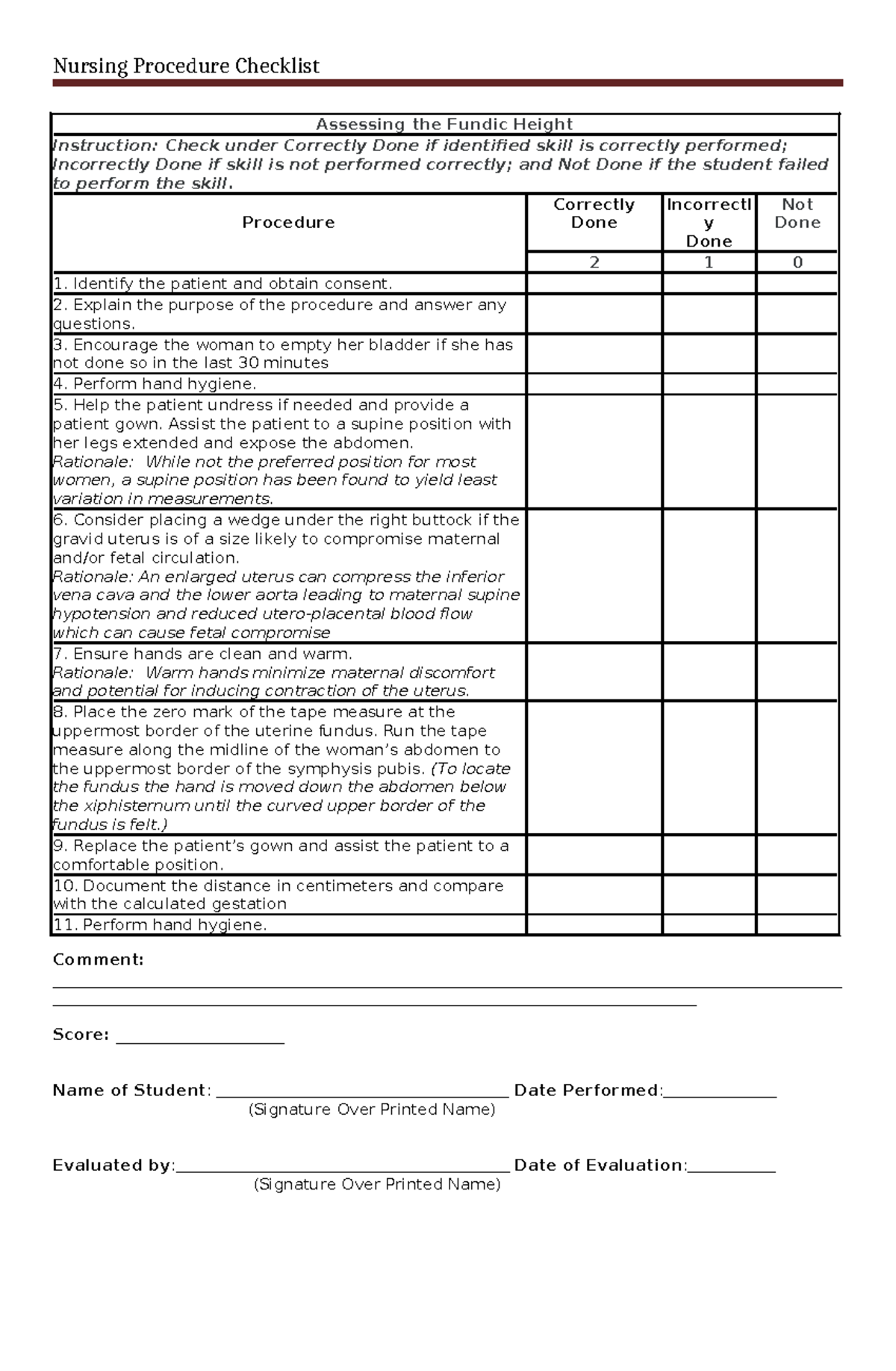 Fundic Height Measurement Checklist 1 - Nursing Procedure Checklist ...