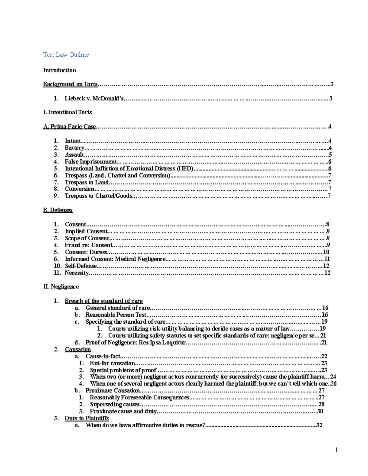 Torts Fall 2022 Outline - Tort Law Outline II. Negligence C ...