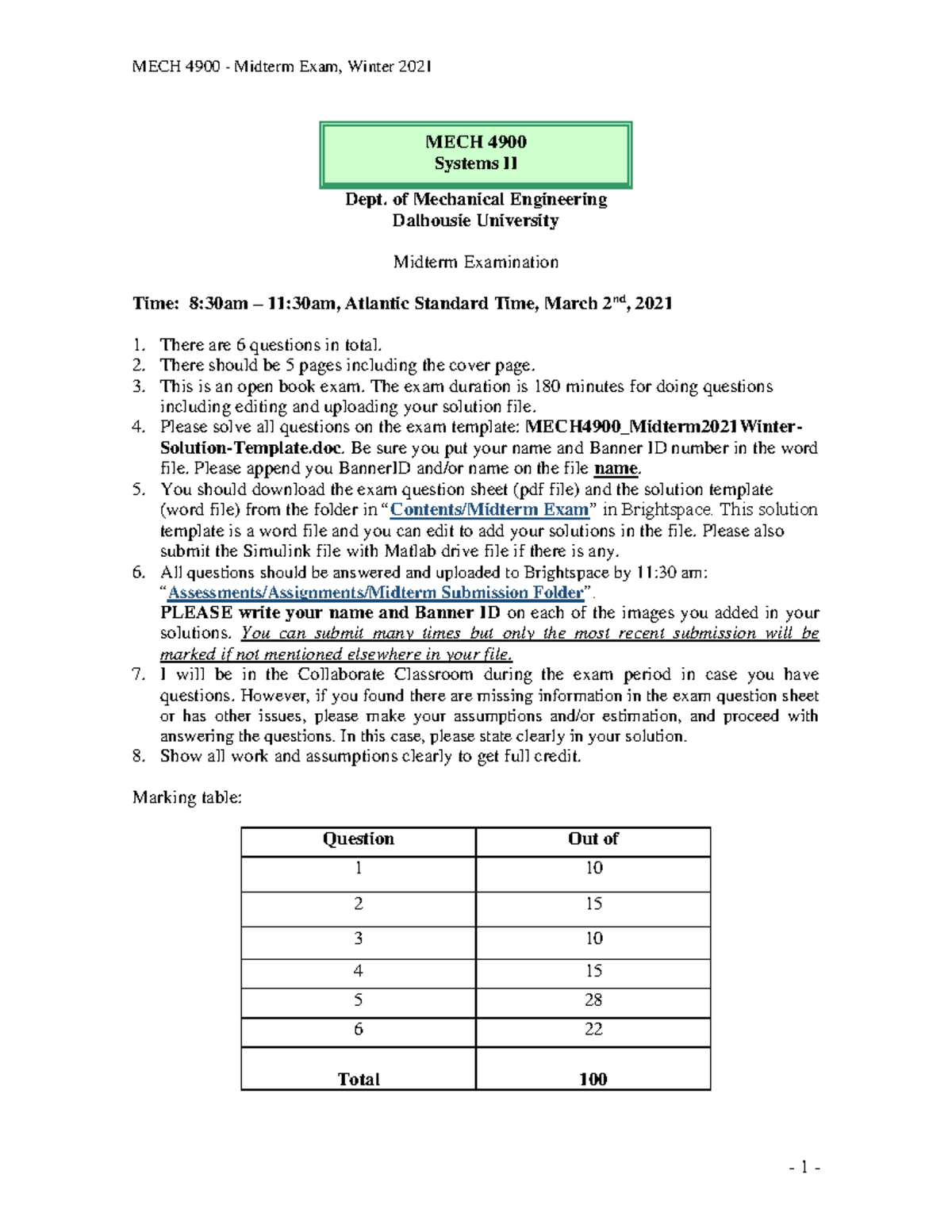 Midterm Exam 2021 Winter - Dept. of Mechanical Engineering Dalhousie University Midterm ...