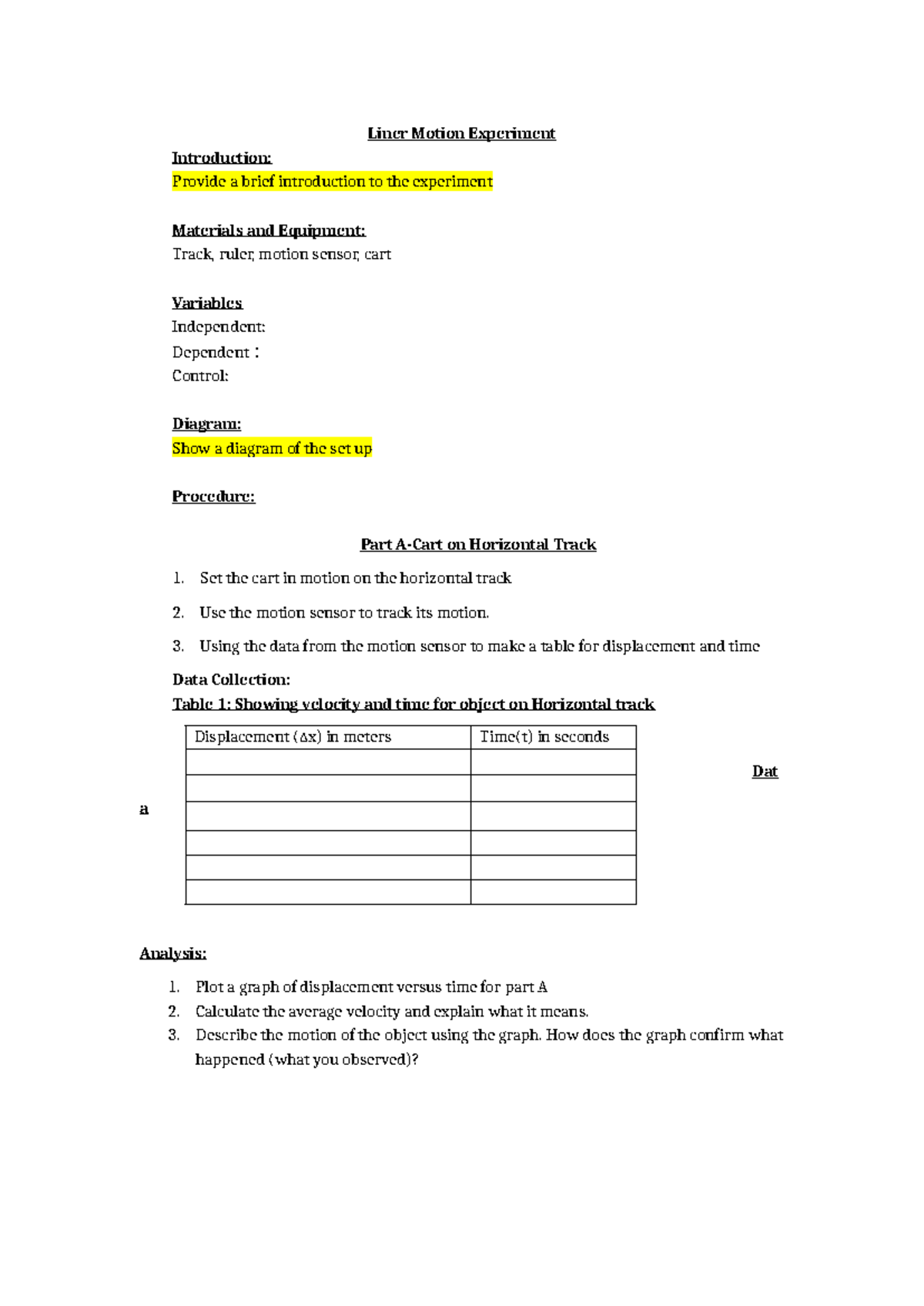 SC301 Motion Experiment - Liner Motion Experiment Introduction: Provide ...