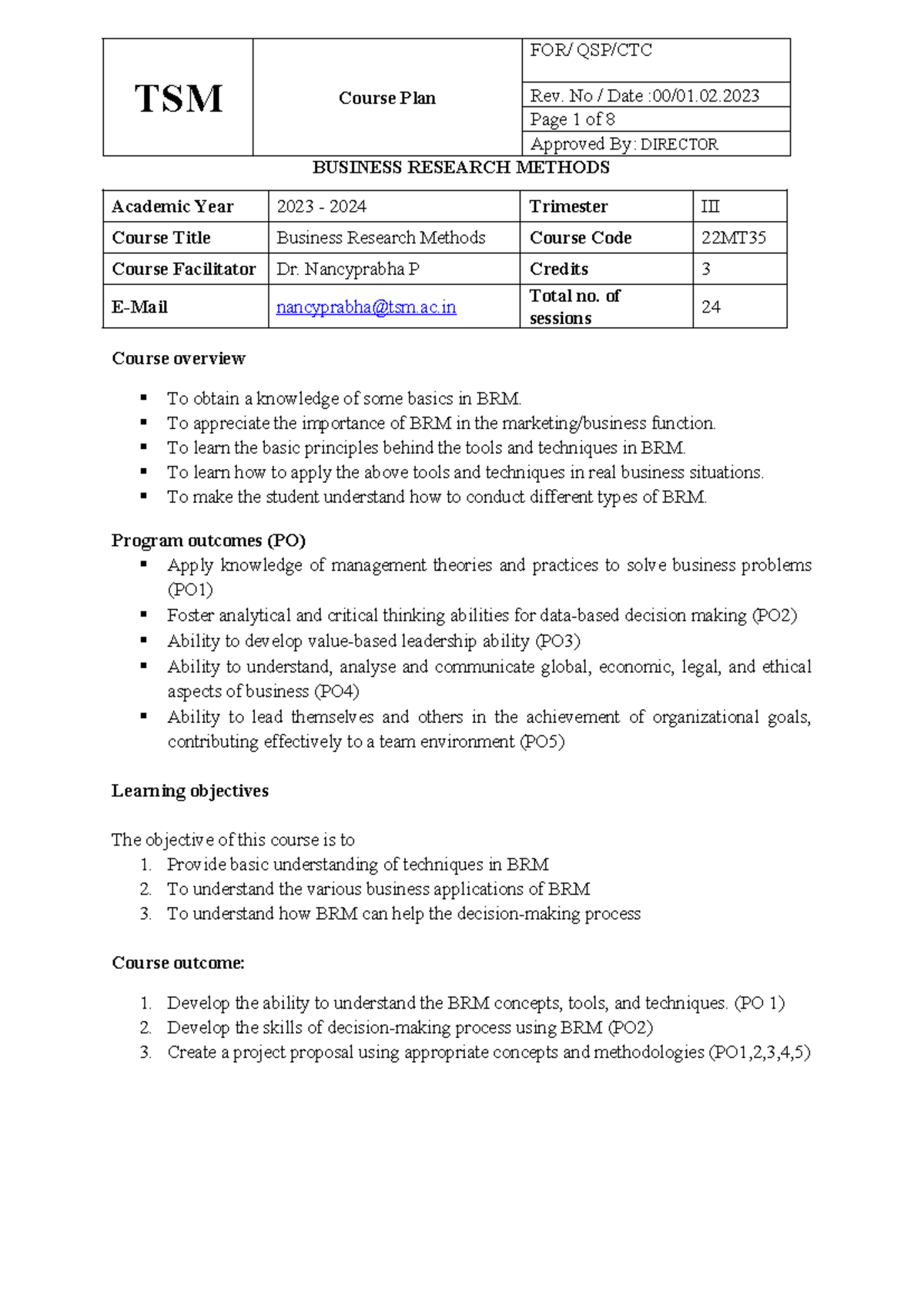 1. BRM- Course Plan - BUSINESS RESEARCH METHODS Course overview To ...
