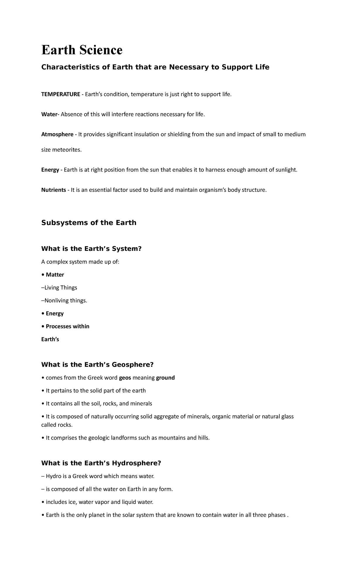 Earth Science - N/A - Earth Science Characteristics of Earth that are ...