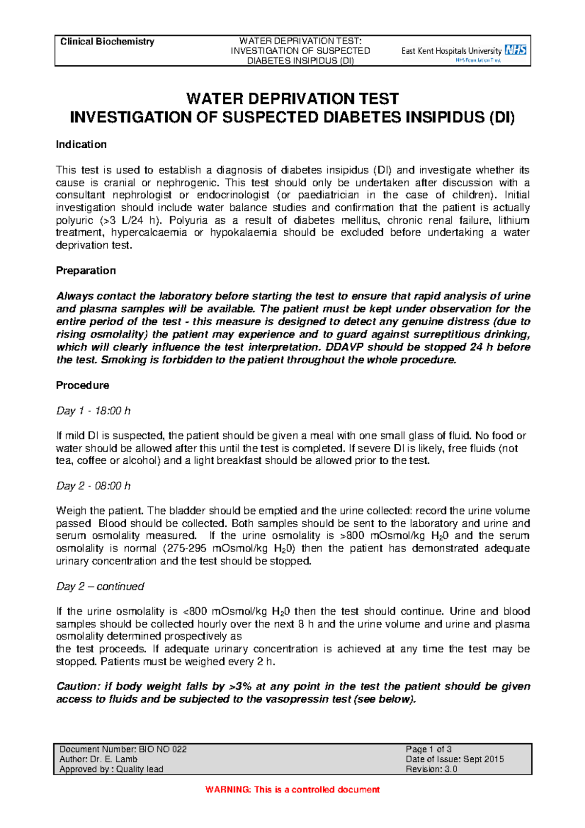 Water deprivation test - Investigation of suspected diabetes insipidus ...