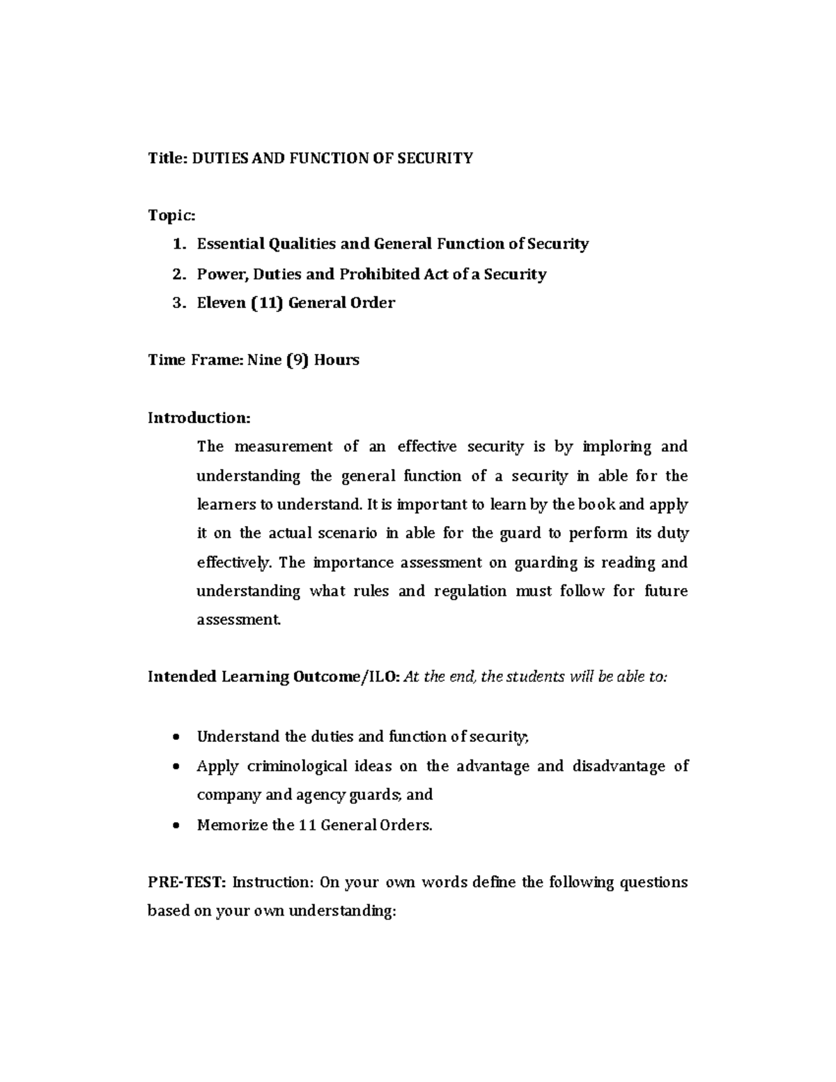 DPS3 - study notes - Title: DUTIES AND FUNCTION OF SECURITY Topic: 1 ...