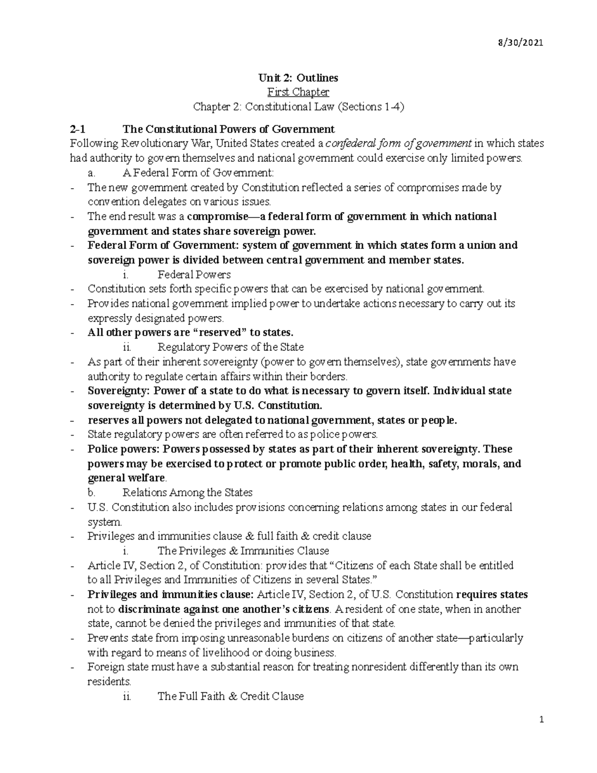 Chapter 2 Constitutional Law Outline - Unit 2: Outlines First Chapter ...