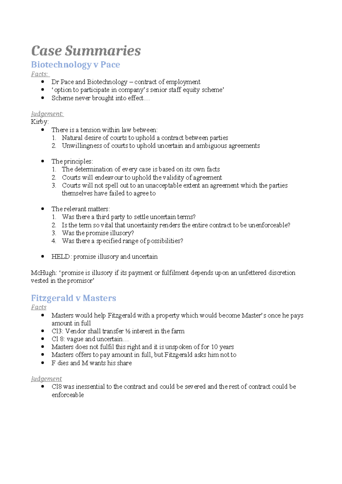 Case Summaries - Summary Contract Law I - Case Summaries Biotechnology ...