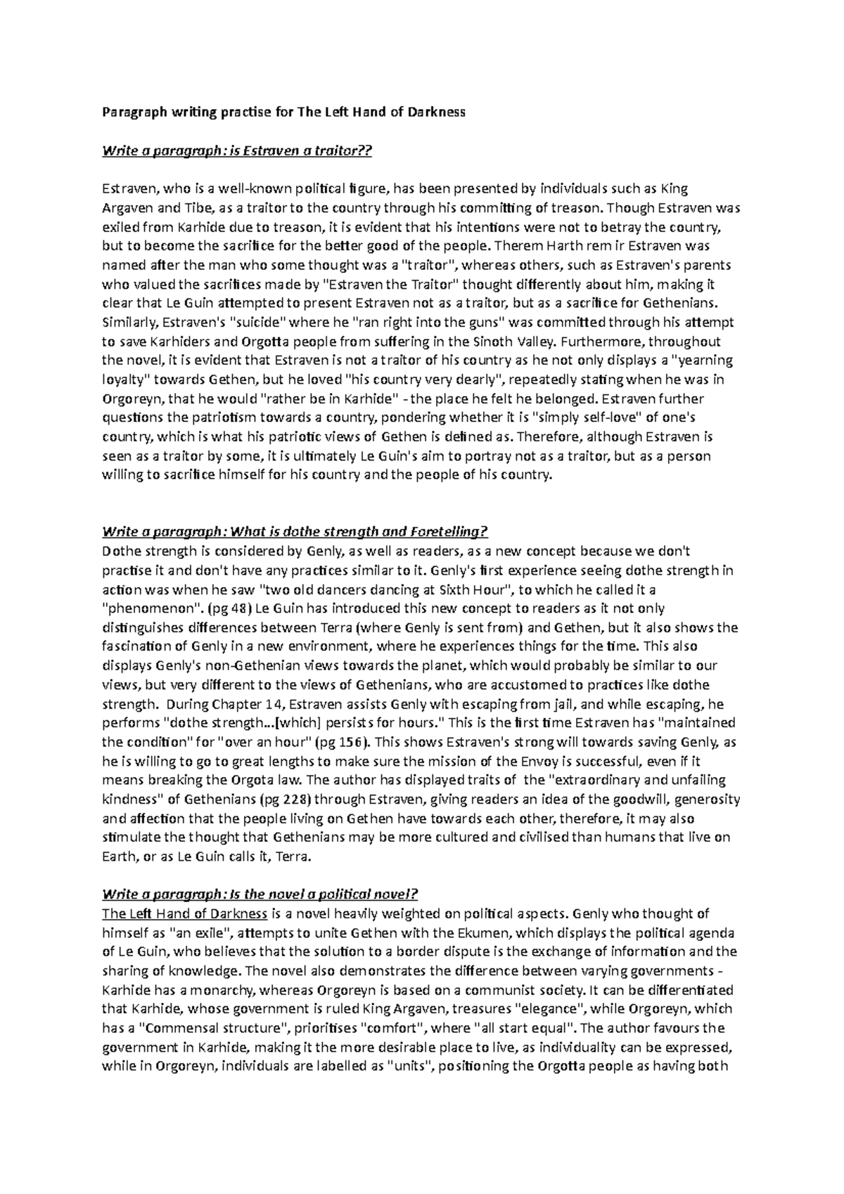 Paragraph writing practise for The Left Hand of Darkness - Though ...