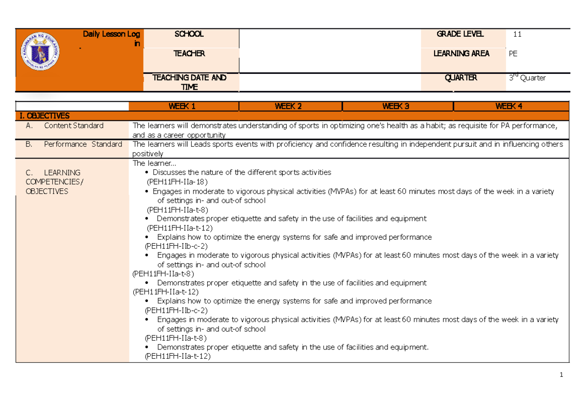 DLL-Gr11-PE - DLL-Gr11-PE - Daily Lesson Log SCHOOL GRADE LEVEL 11 ...