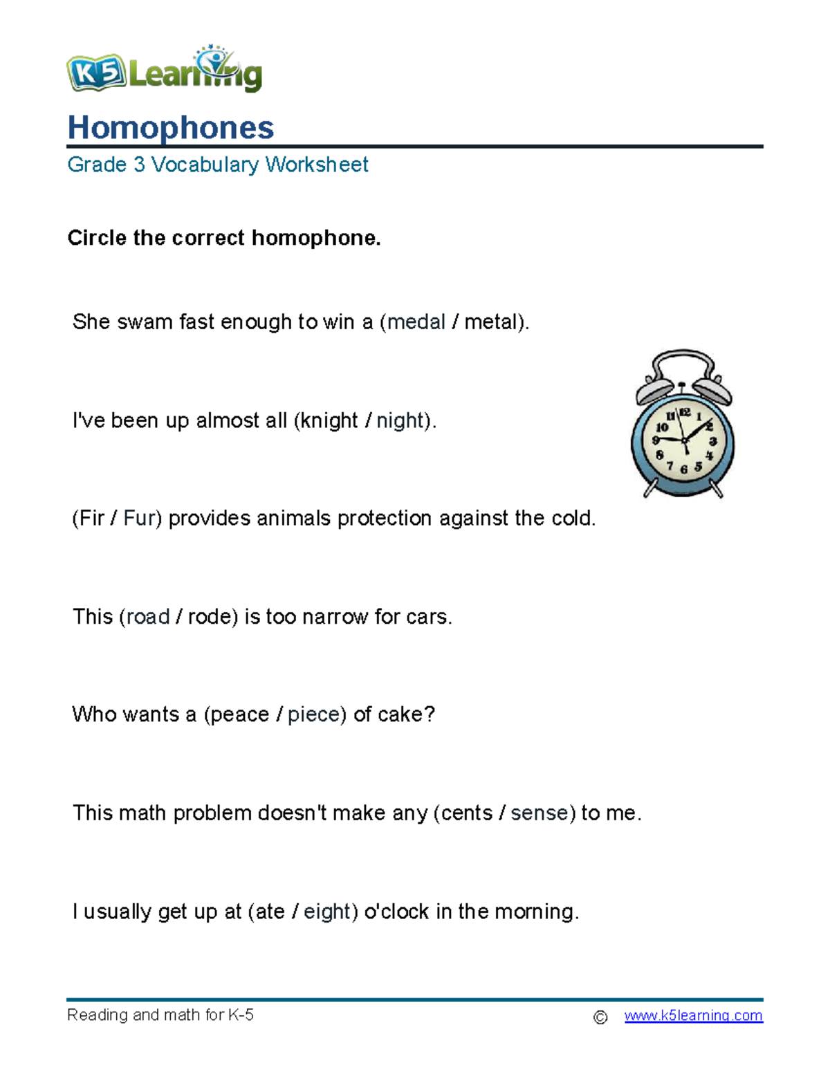 Grade 3 homophones 2 - Homophones Reading and math for K-5 k5learning ...