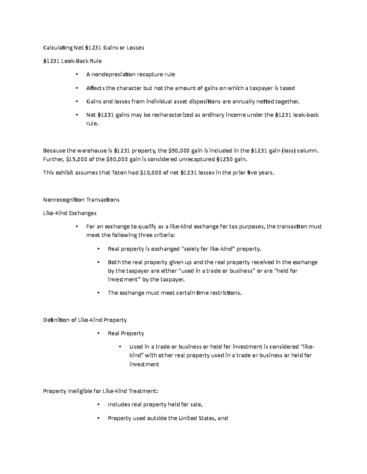 Lecture Notes 13a - Calculating Net §1231 Gains or Losses §1231 Look ...