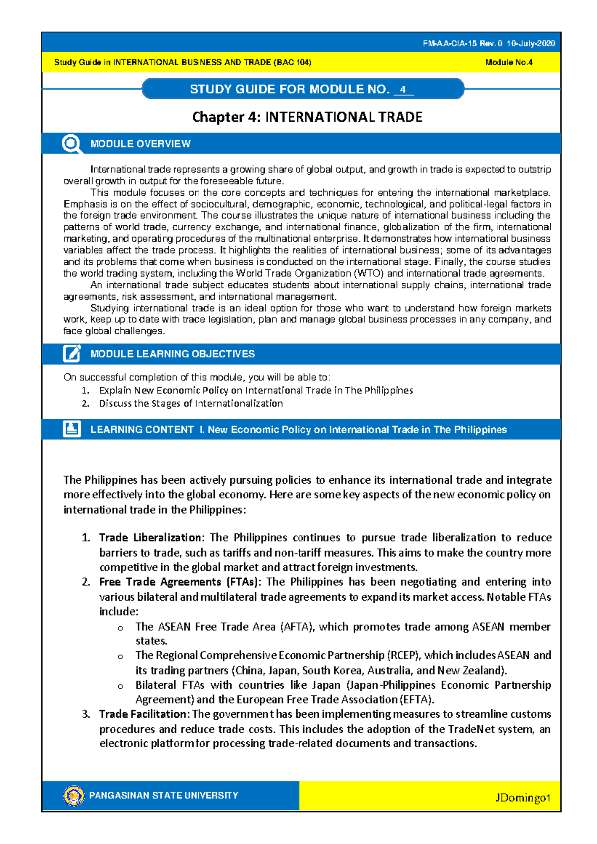 BAC 104 SG 4 Updated Module 4 International Trade - PANGASINAN STATE UNIVERSITY Study Guide in ...