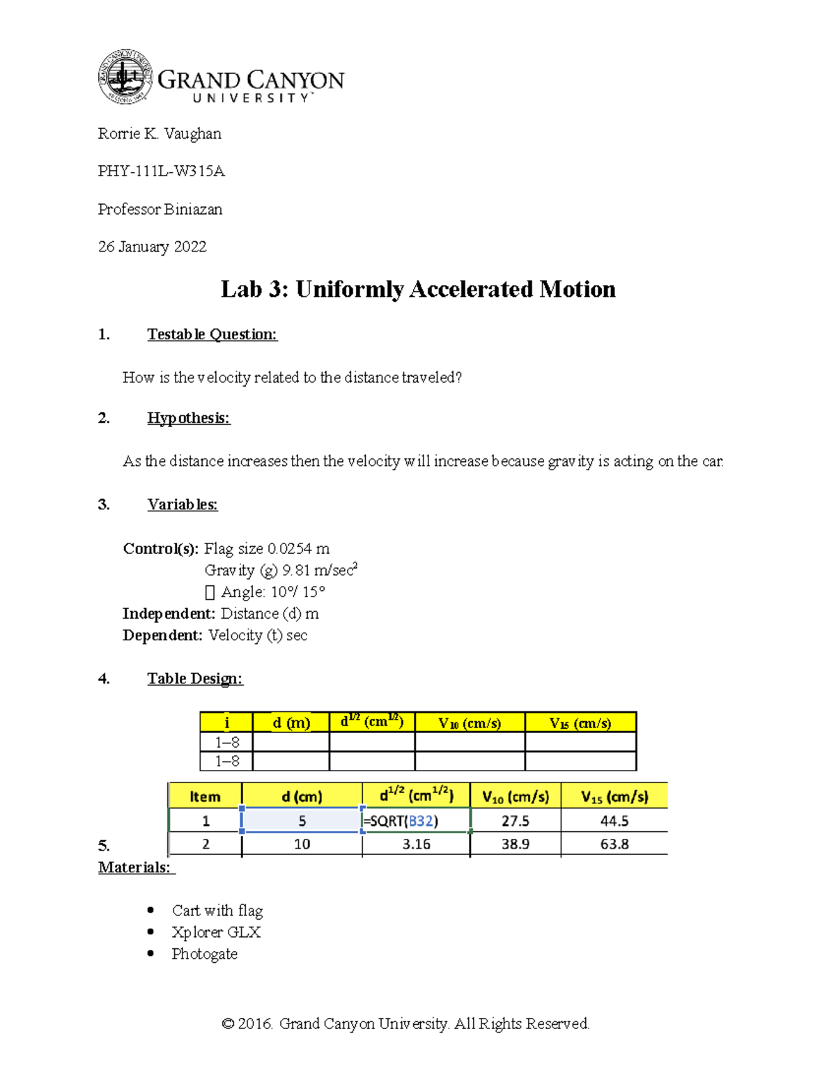 Lab3 PHY-111L Uniformly Accelerated Motion - Rorrie K. Vaughan PHY-111L ...