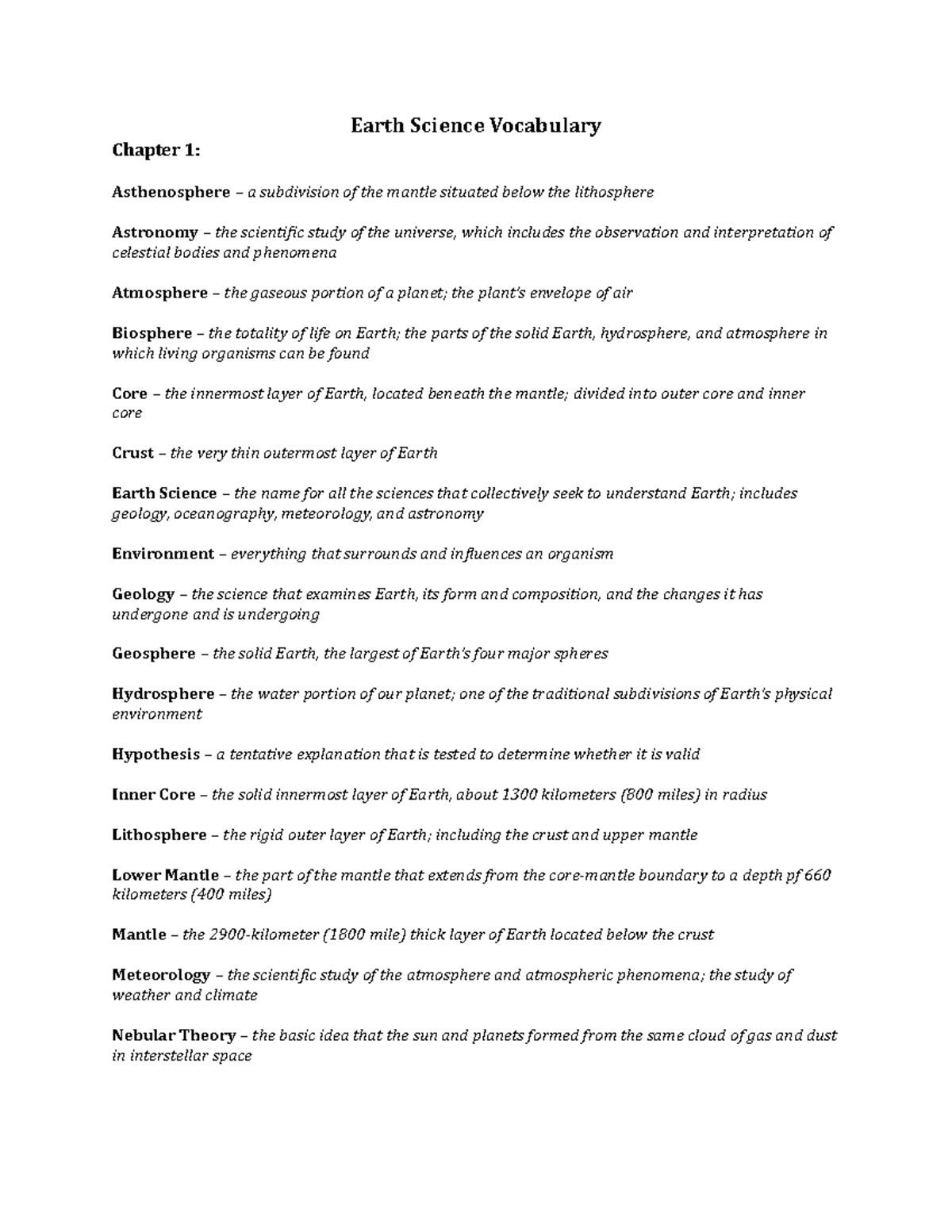 Earth Science Vocabulary - Earth Science Vocabulary Chapter 1 ...