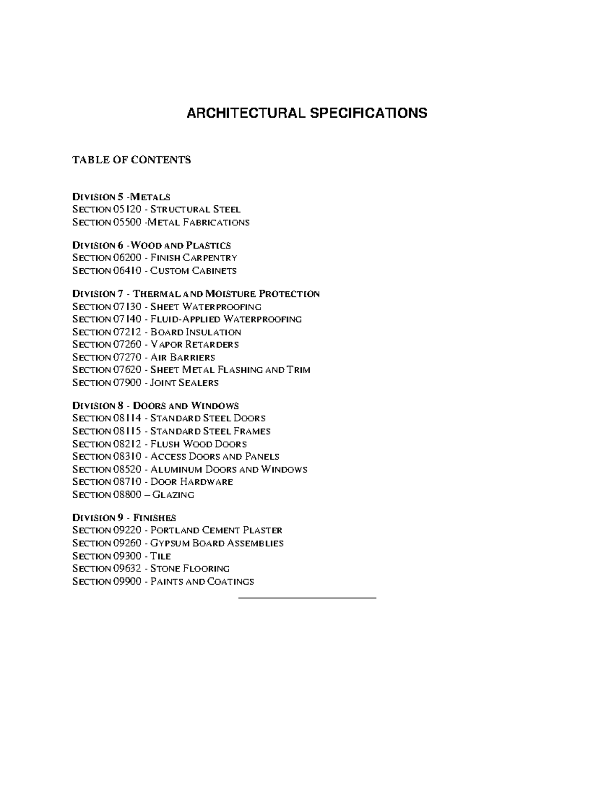 Plumbing specs - ARCHITECTURAL SPECIFICATIONS TABLE OF CONTENTS PART ...