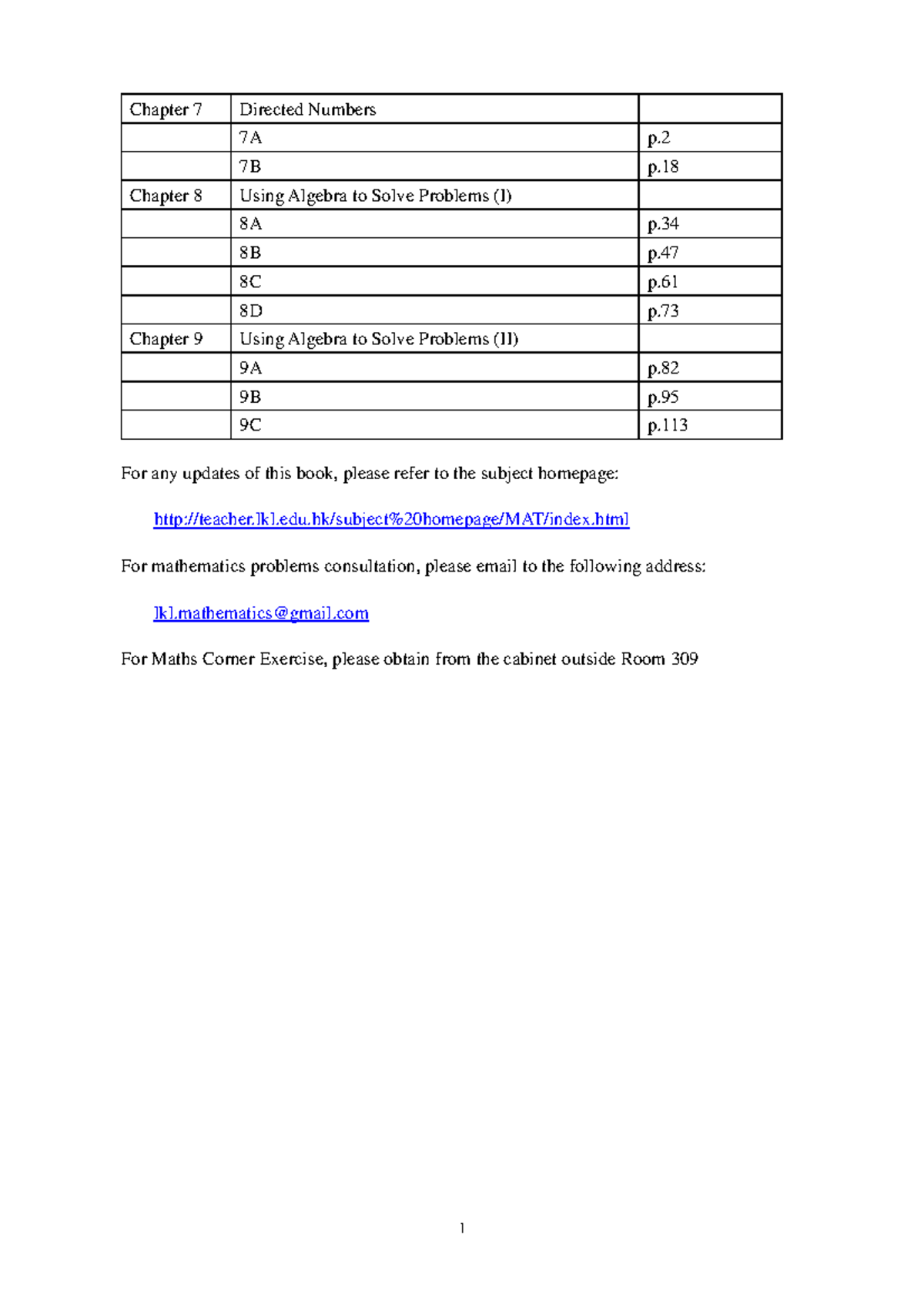 F1B 1 - past paper - Chapter 7 Directed Numbers 7A p. 7B p. Chapter 8 ...