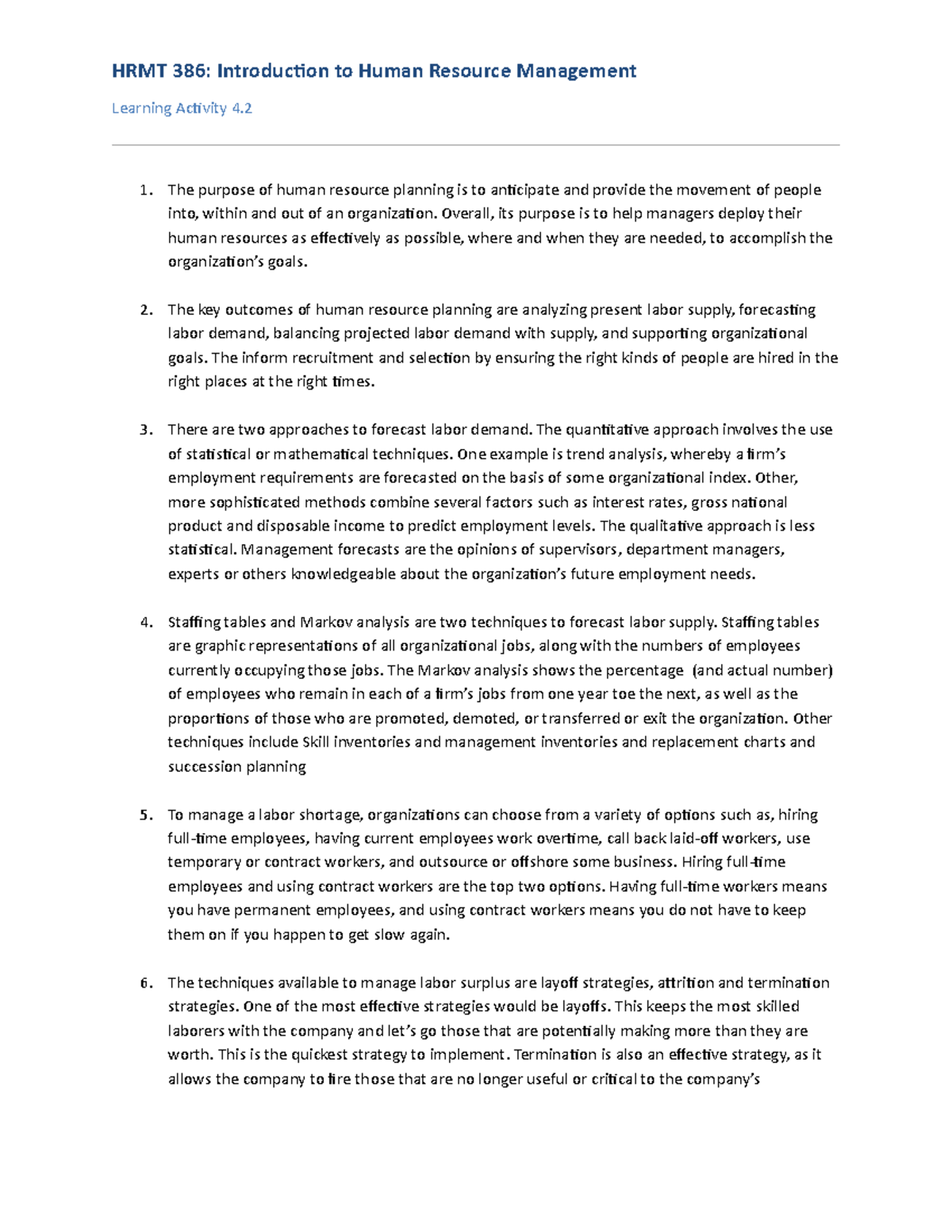 Activity 4.2: HR Planning Chapter - HRMT 386: Introduction to Human ...