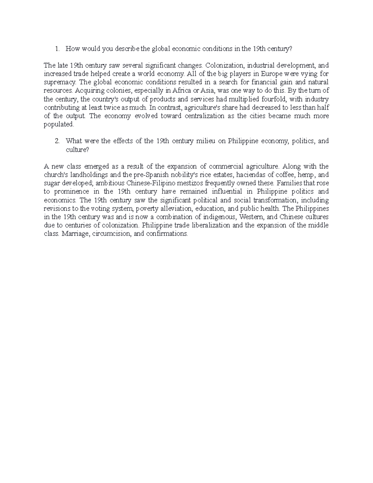 19th century economy - lecture notes - How would you describe the ...