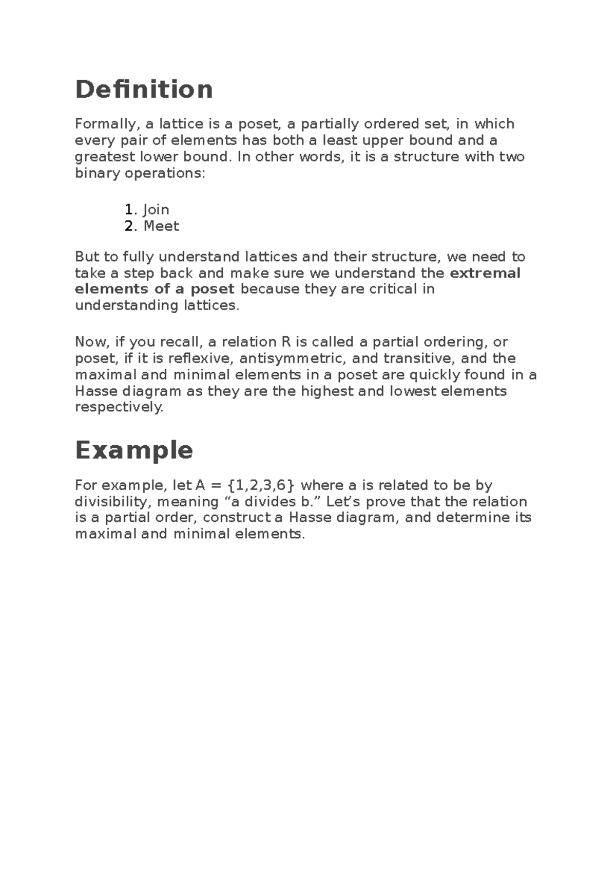 Full lattice notes - Definition Formally, a lattice is a poset, a ...