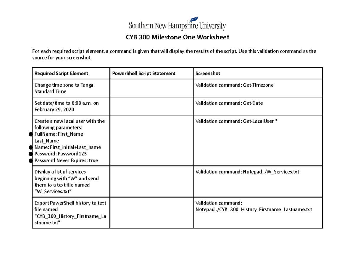 CYB 300 Milestone One Worksheet - CYB 300 Milestone One Worksheet For each required script ...