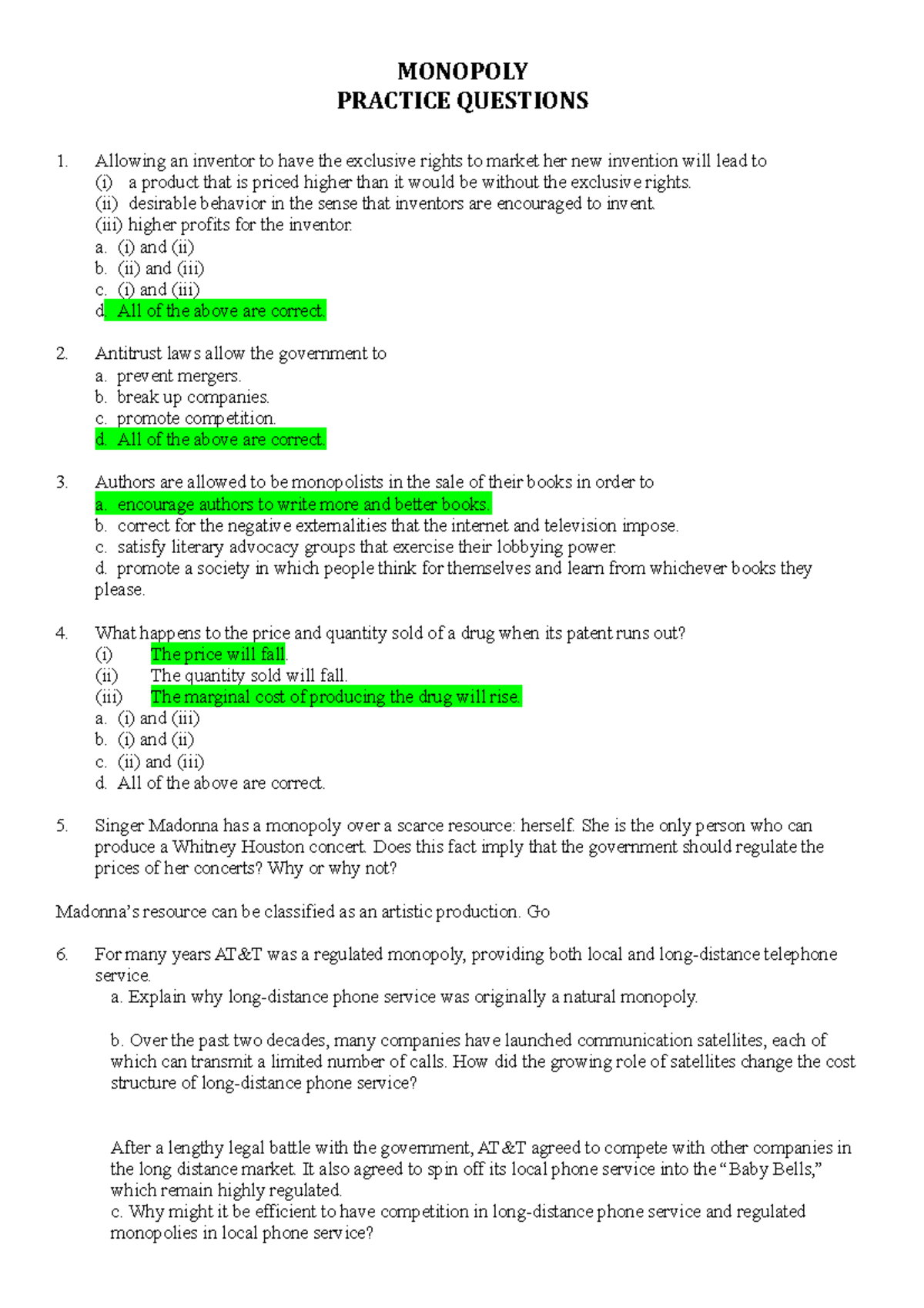 Monopolies and Anti Trusts - MONOPOLY PRACTICE QUESTIONS Allowing an ...