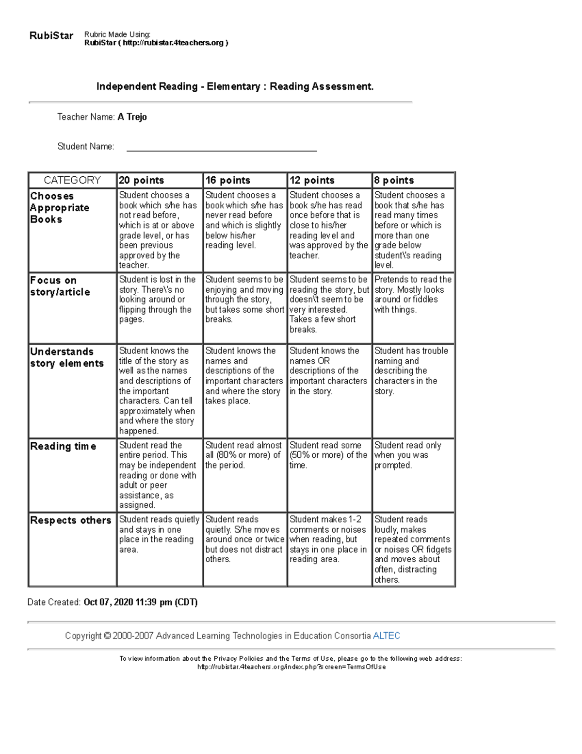 Independent reading rubric - RubiStar Rubric Made Using: RubiStar ...