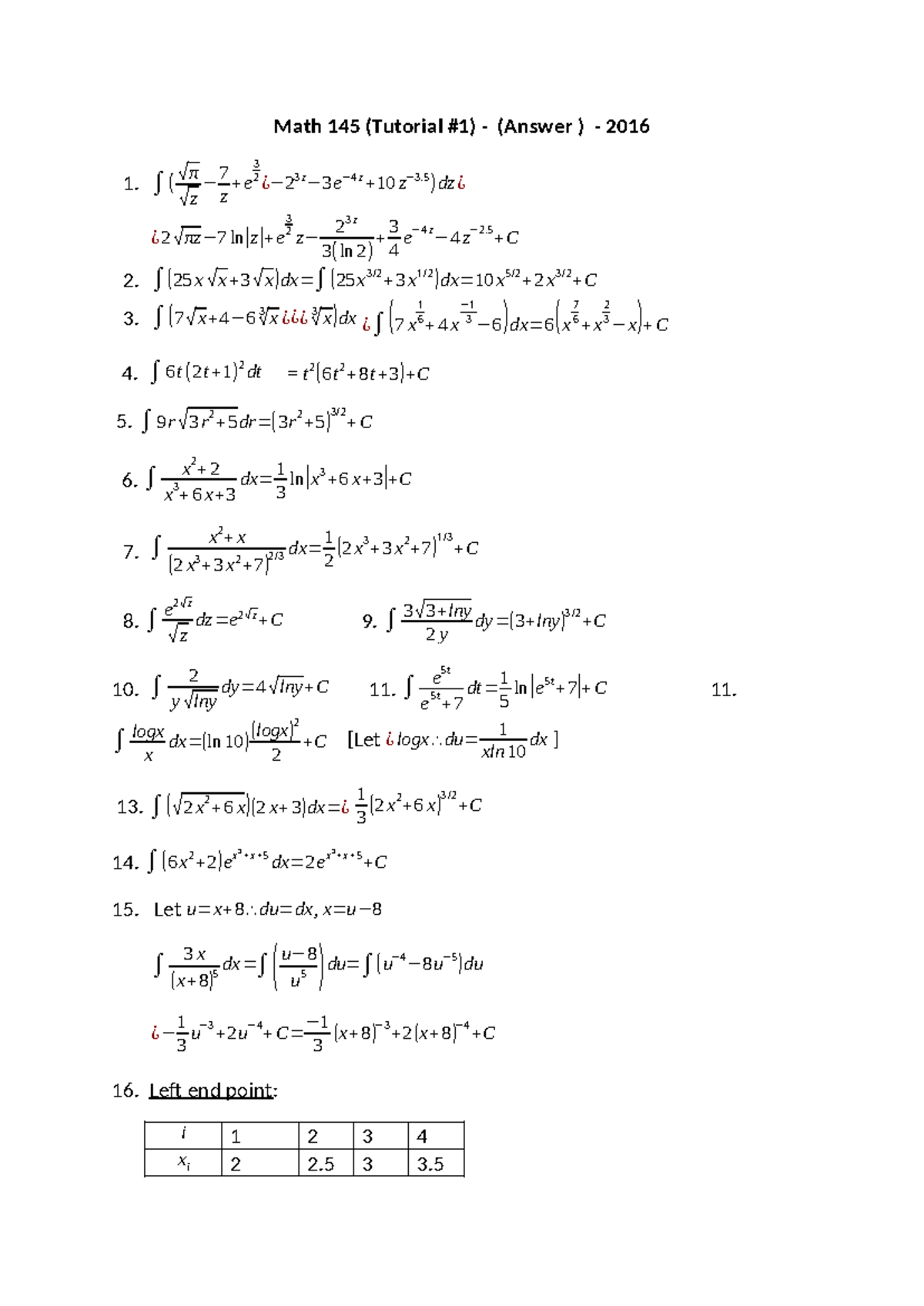 Tutorial 1 with solution - Math 145 (Tutorial #1) - (Answer ) - 2016 1. ∫( √ π √ z − 7 z + e 3 2 ...
