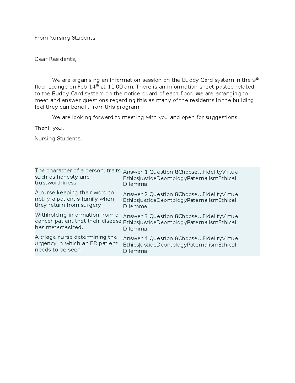 Letter for tenants - From Nursing Students, Dear Residents, We are ...