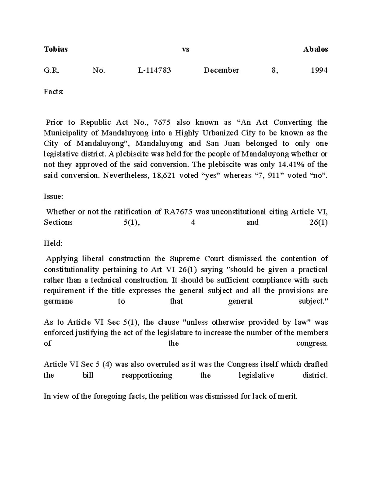 Tobias vs Abalos - case digest - Tobias vs Abalos G. No. L-114783 ...