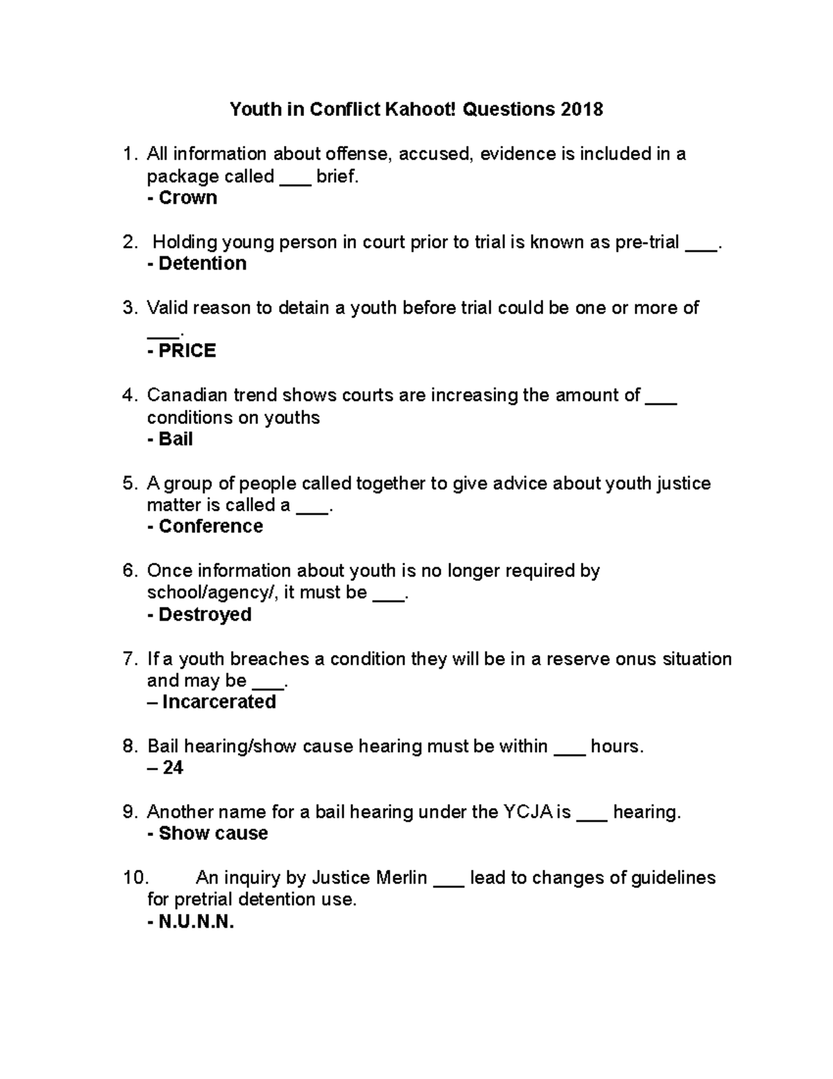 Exam Review 11 December 2018, questions and answers - Youth in Conflict ...