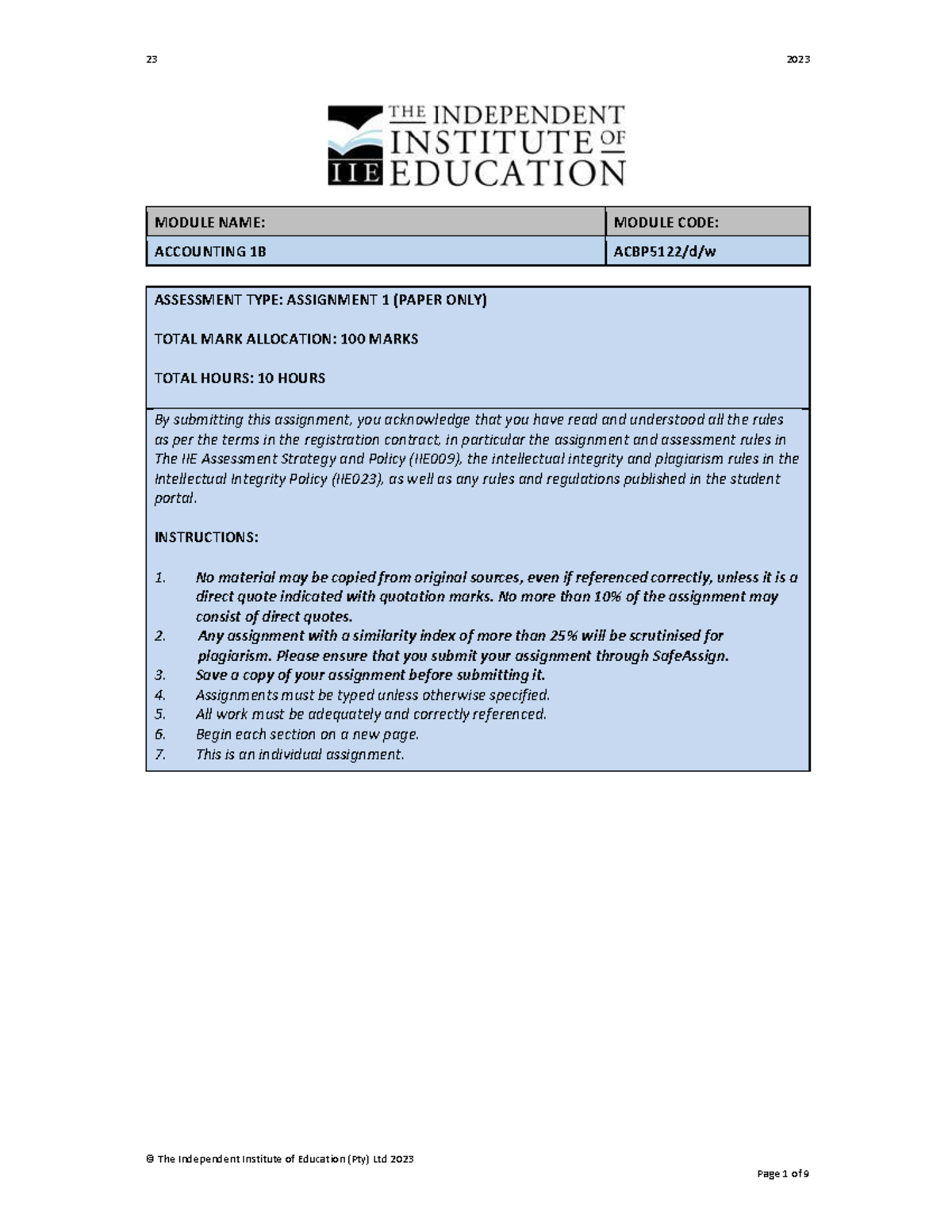 ACBP5122 w A1 - MODULE NAME: MODULE CODE: ACCOUNTING 1B ACBP5122/d/w ASSESSMENT TYPE: ASSIGNMENT ...