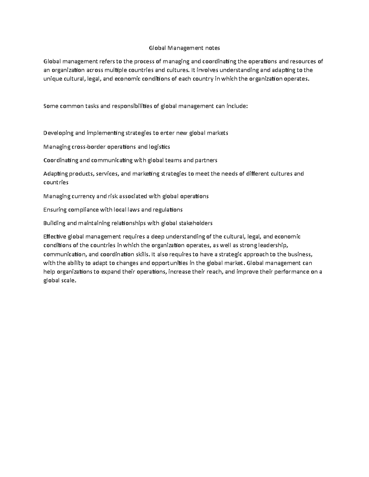 Global Management notes - Global Management notes Global management ...