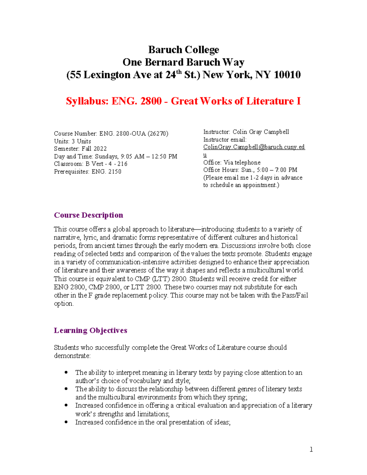 Syllabus - Great Works of Literature I, ENG. 2800-OUA, Baruch College ...