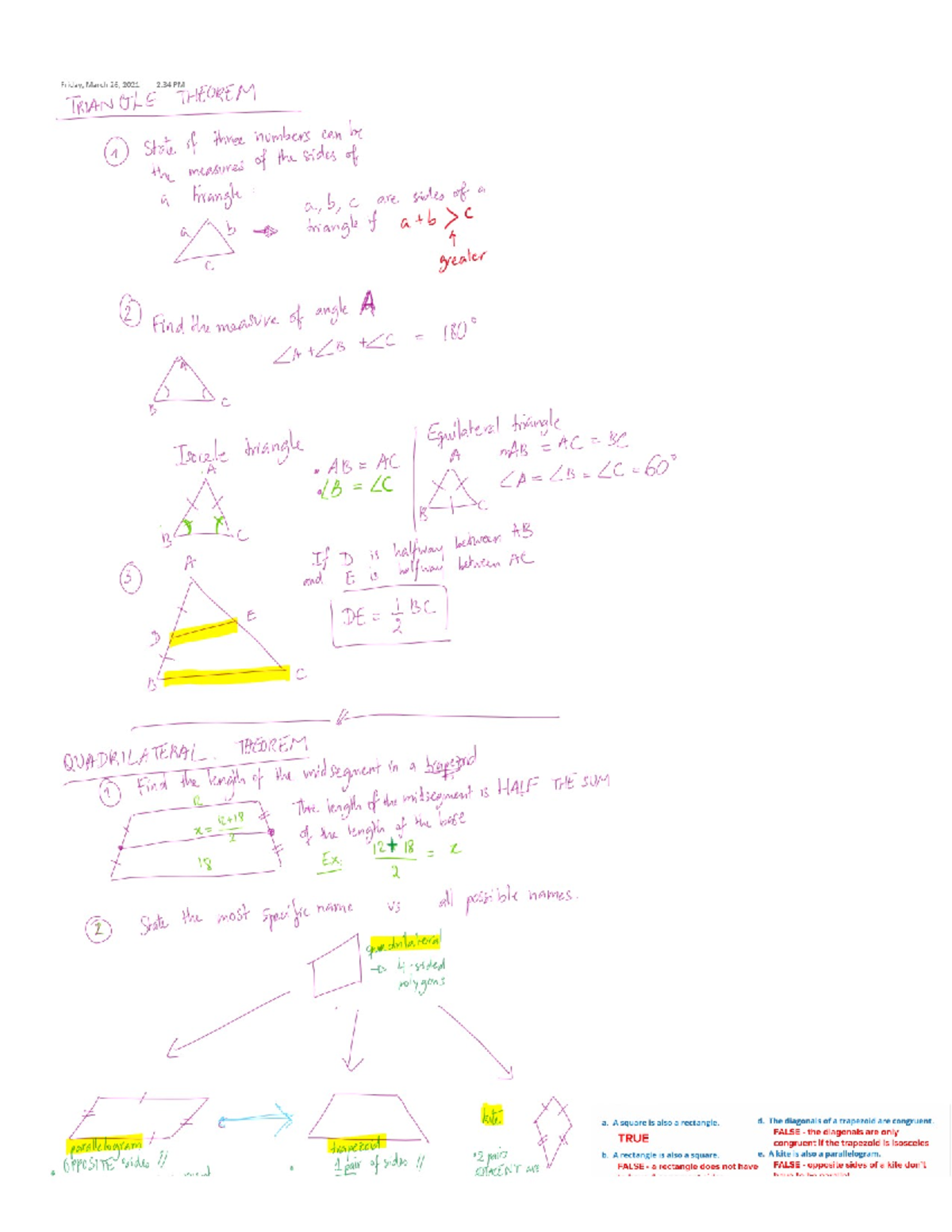 Geometric theorems summary sheet - MATH 044 C - Studocu