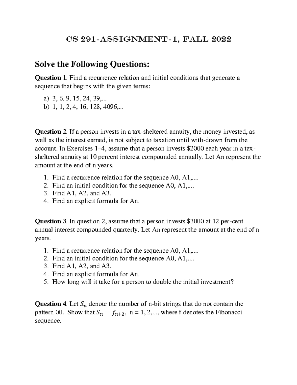 291-Assignments 1 - Teach by Prof.Wajeb Gharibi - CS 291-Assignment-1 ...